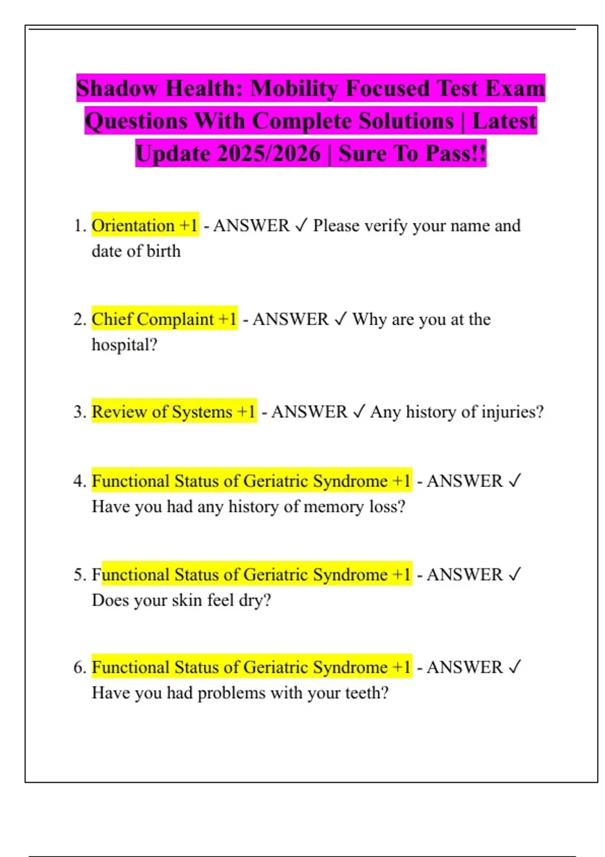 Shadow Health: Mobility Focused Test Exam Questions With Complete ...