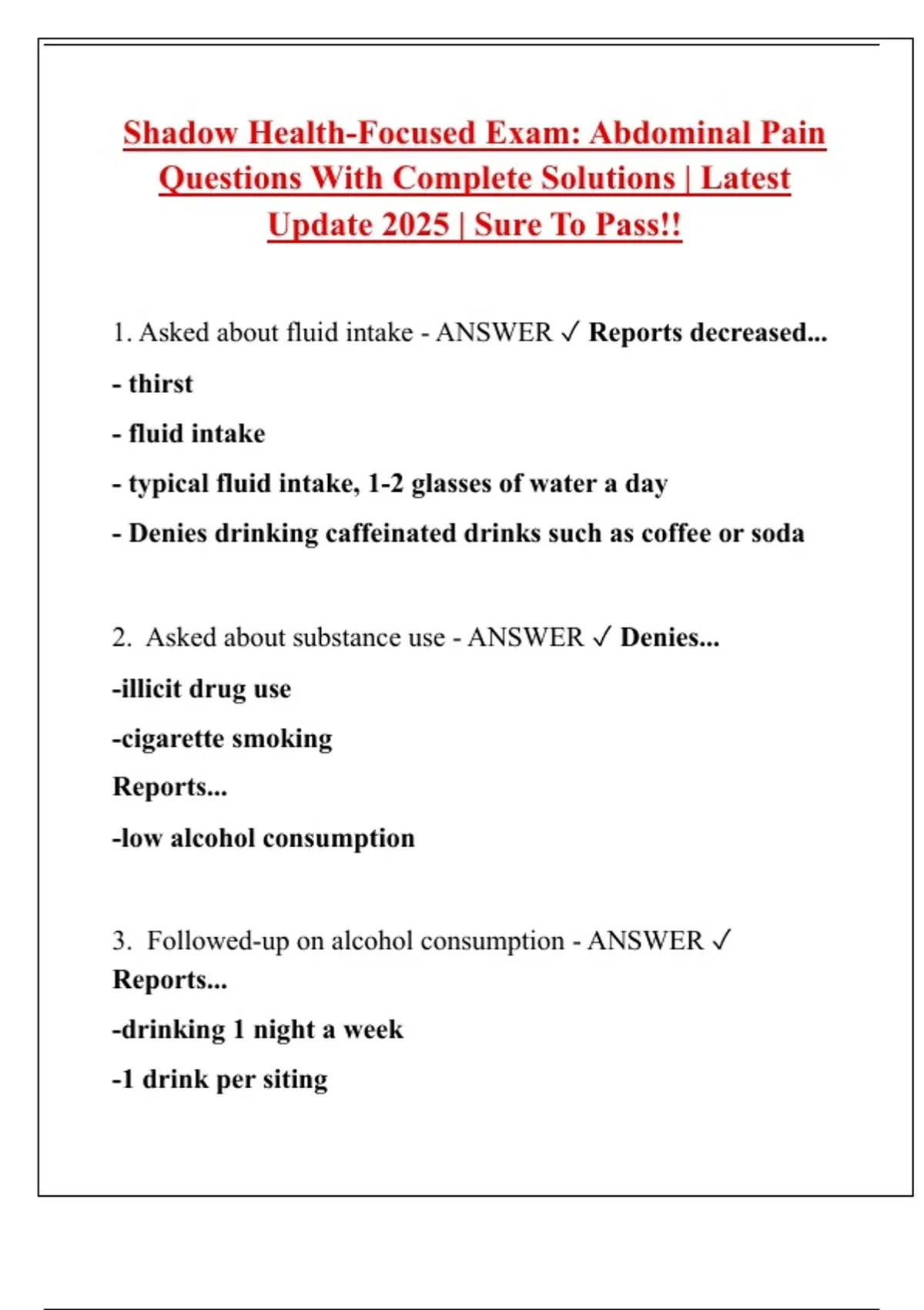 Shadow Health-Focused Exam: Abdominal Pain Questions With Complete ...