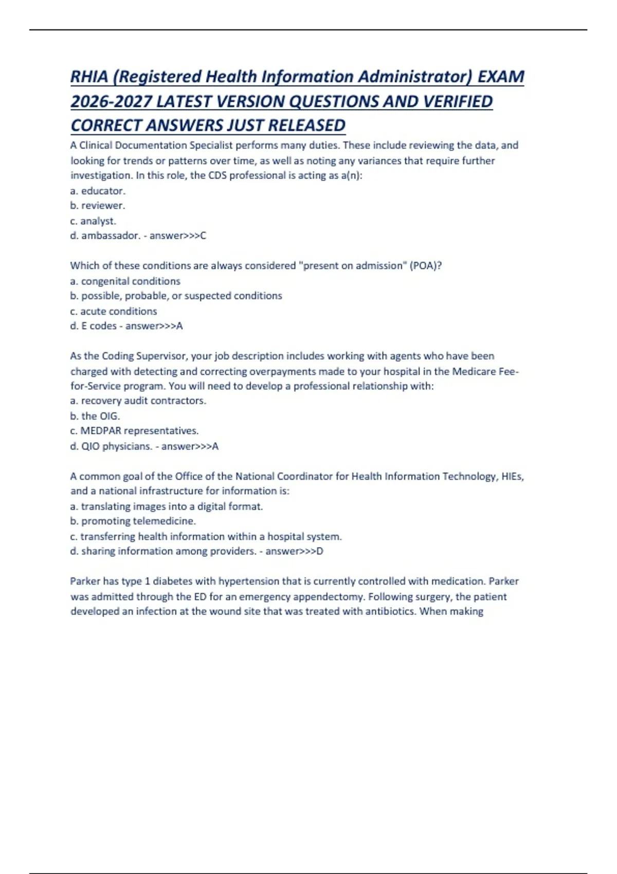 RHIA (Registered Health Information Administrator) EXAM LATEST VERSION ...