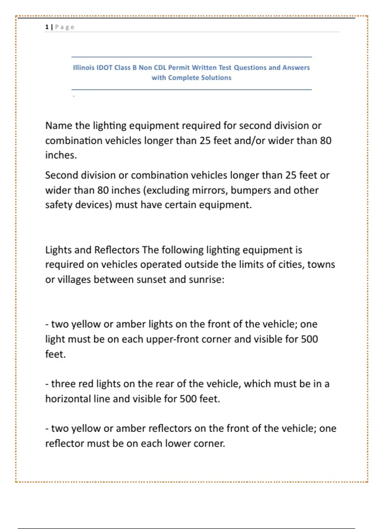 Illinois IDOT Class B Non CDL Permit Written Test Questions and Answers ...