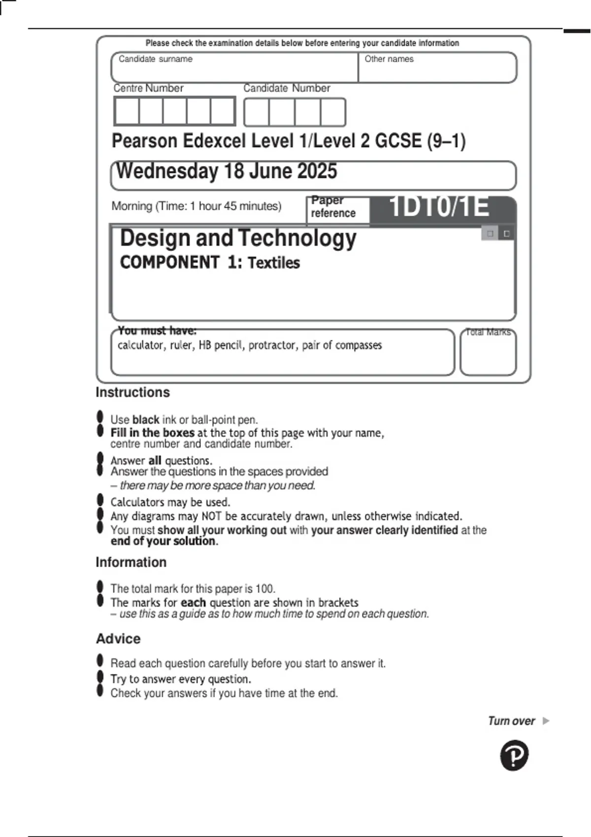 2025 Pearson Edexcel GCSE Design Technology Paper 1E: Textiles QUESTION ...