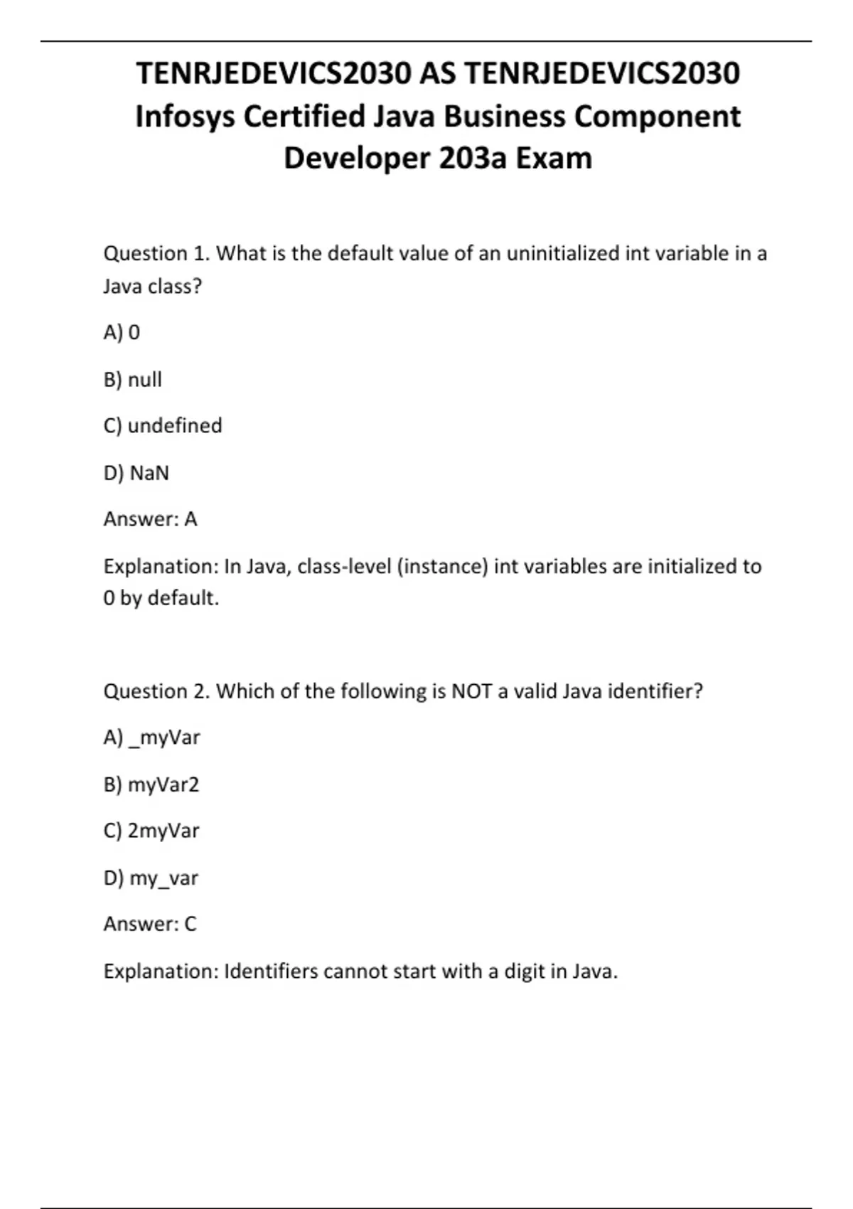 TENRJEDEVICS2030 AS TENRJEDEVICS2030 Infosys Certified Java Business Component Developer 203a ...