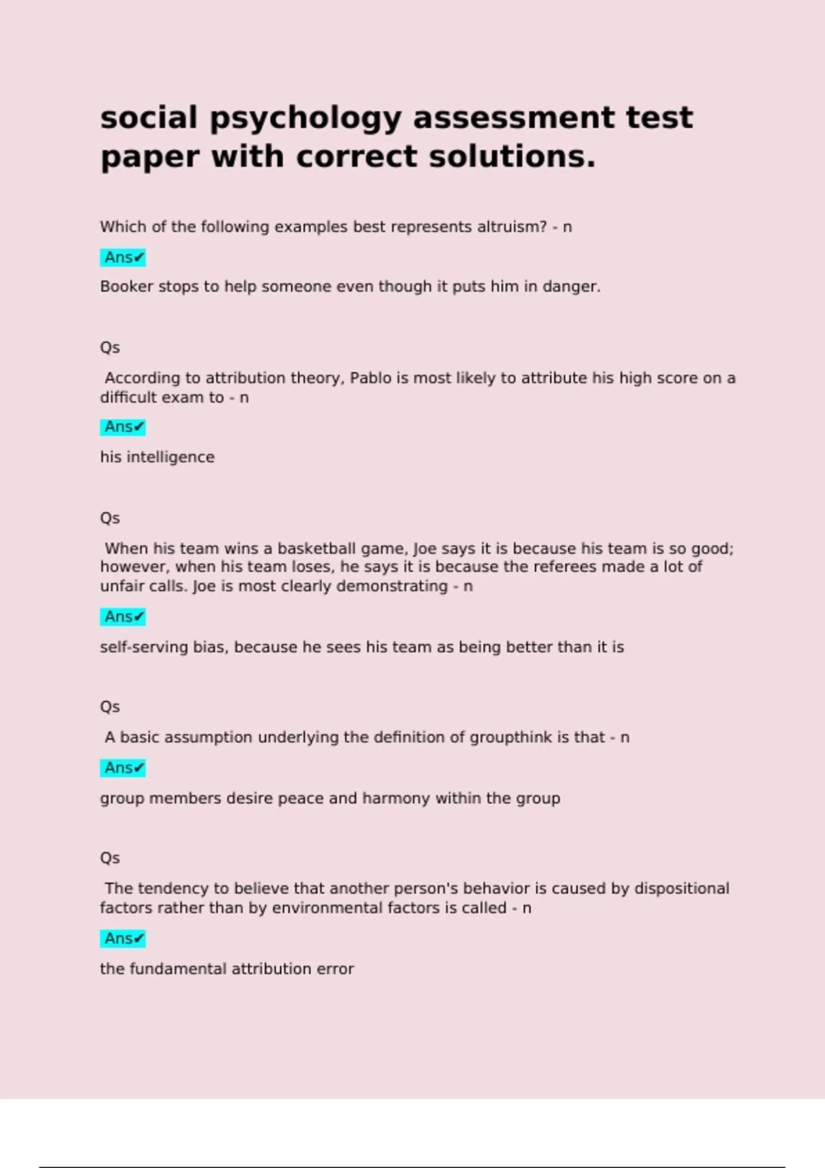 social psychology assessment test paper with correct solutions. Which ...