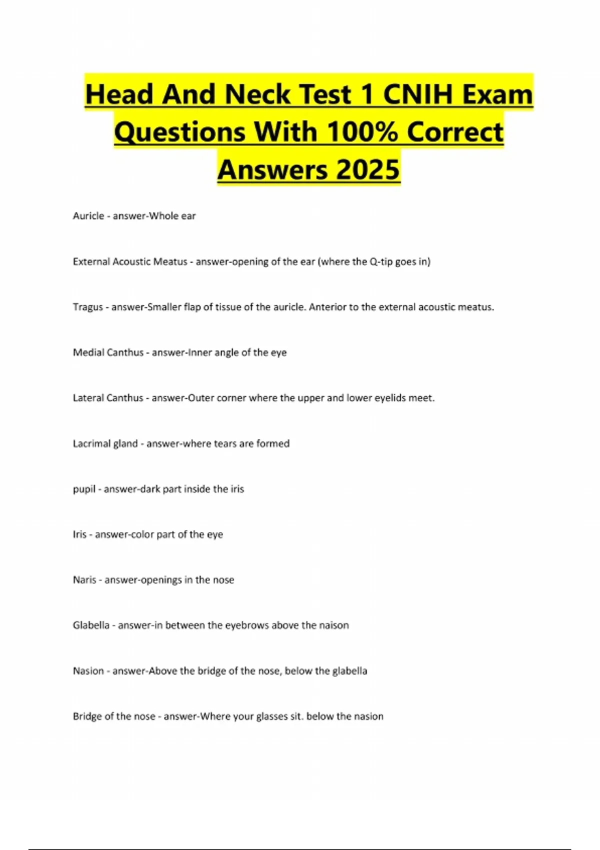Head And Neck Test 1 CNIH Exam Questions With 100% Correct Answers 2025 ...
