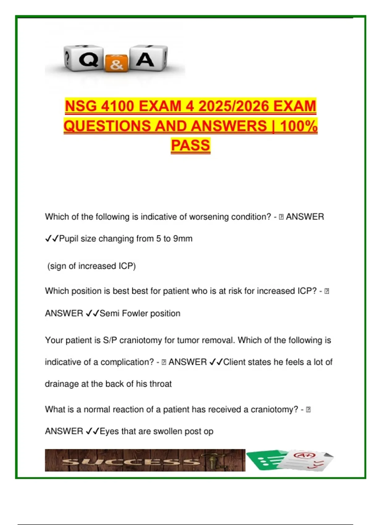 NSG 4100 Exam 4 – 160+ Nursing Questions with Answers | Neuro, Burns ...