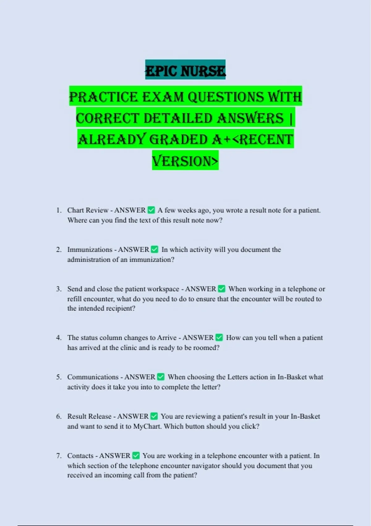 EPIC NURSE PRACTICE EXAM QUESTIONS WITH CORRECT DETAILED ANSWERS ...