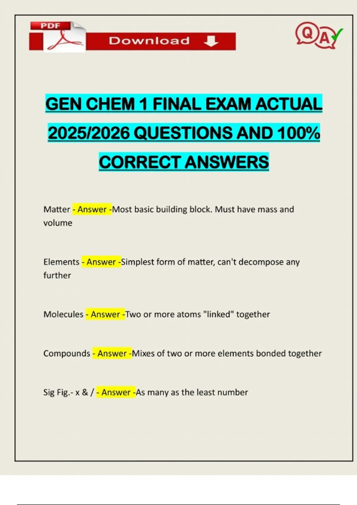 GEN CHEM 1 FINAL EXAM ACTUAL 2025/2026 QUESTIONS AND 100% CORRECT ...