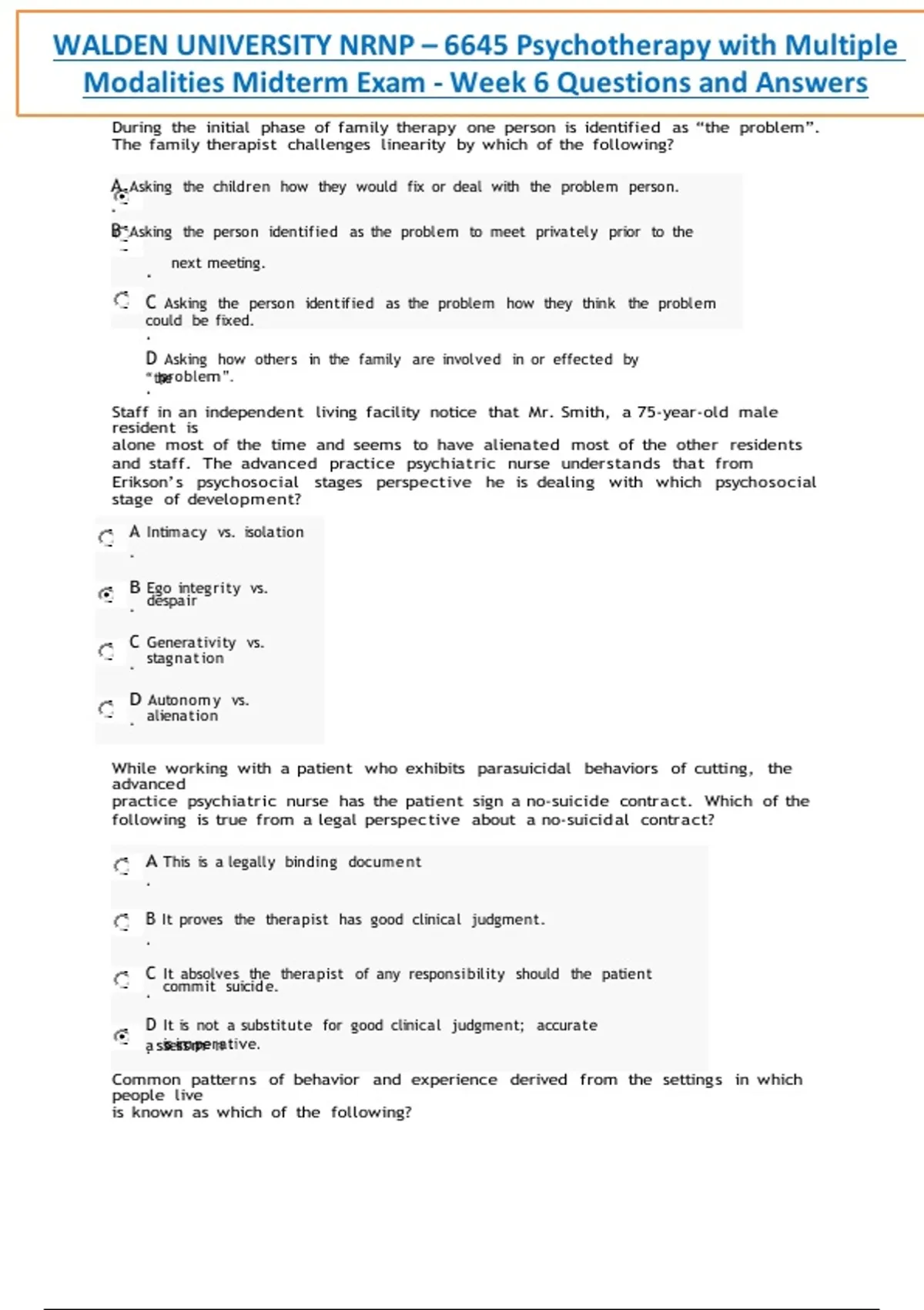 NRNP – 6645 Psychotherapy with Multiple Modalities Midterm Exam - Week ...