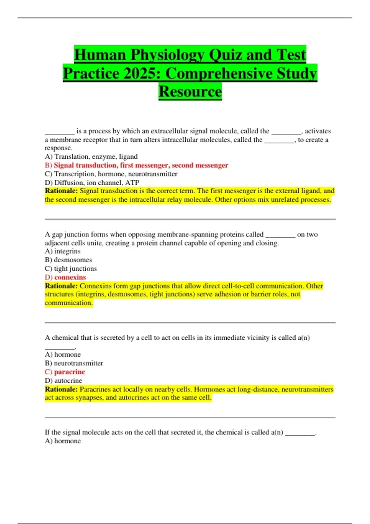 Human Physiology Quiz and Test Practice 2025: Comprehensive Study ...