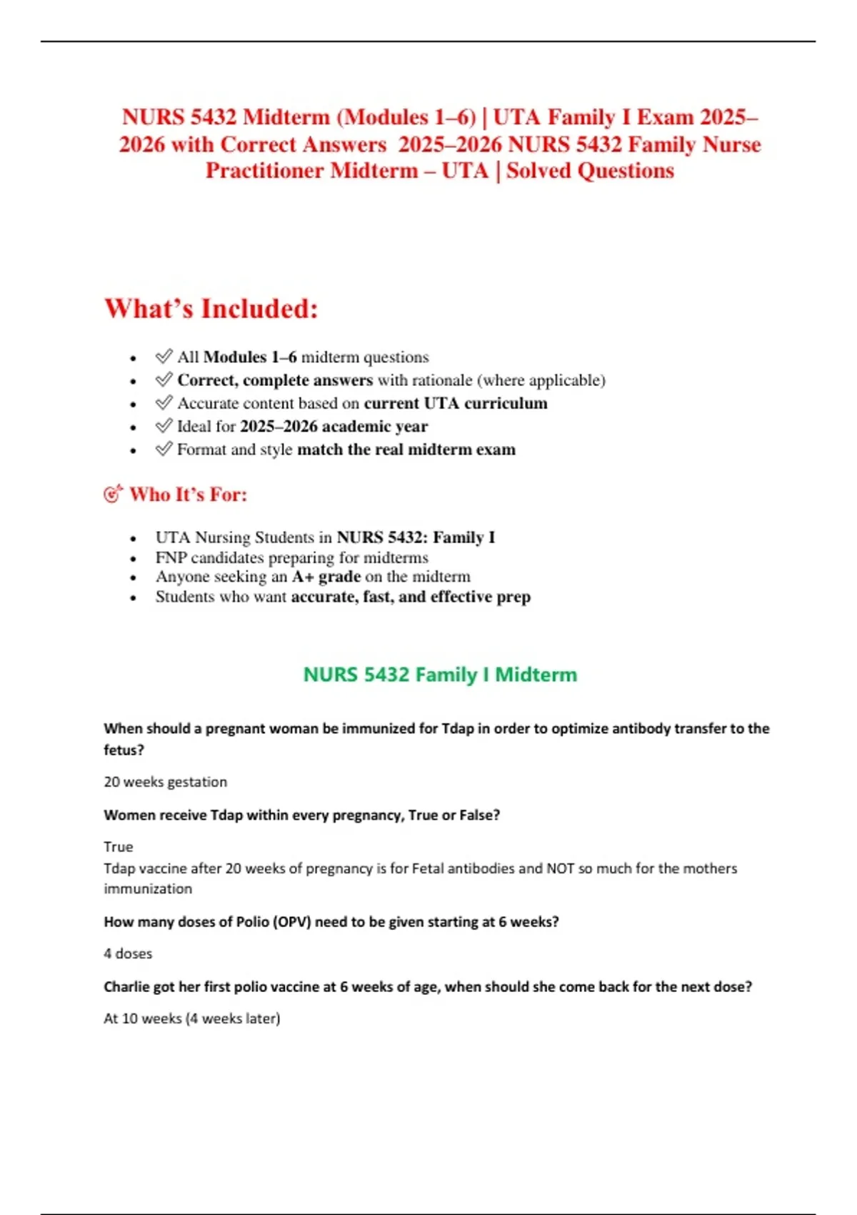 NURS 5432 Family I Midterm Exam – University of Texas at Arlington (UTA) | 2025–2026 | Modules 1 ...