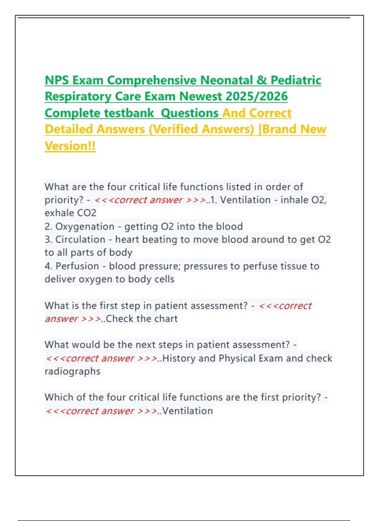 NPS Exam Comprehensive Neonatal & Pediatric Respiratory Care Exam ...