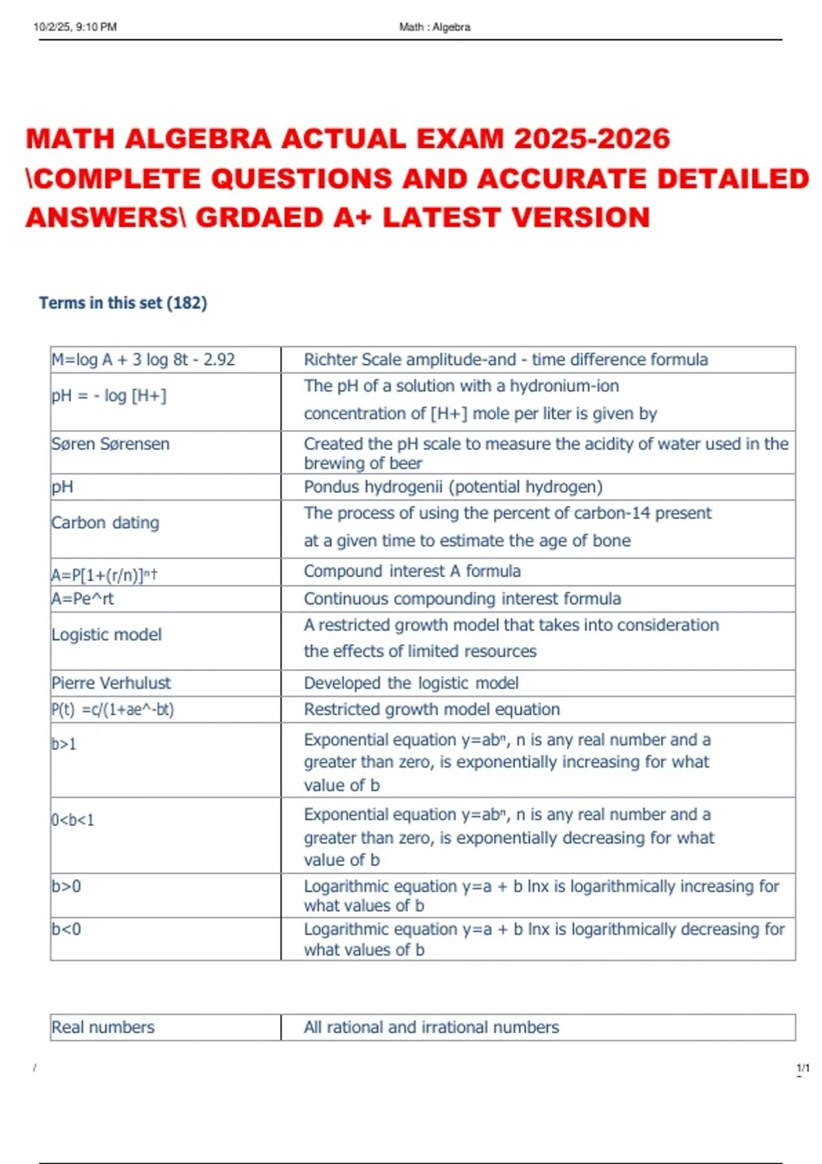 MATH ALGEBRA ACTUAL EXAM COMPLETE QUESTIONS AND ACCURATE DETAILED ...