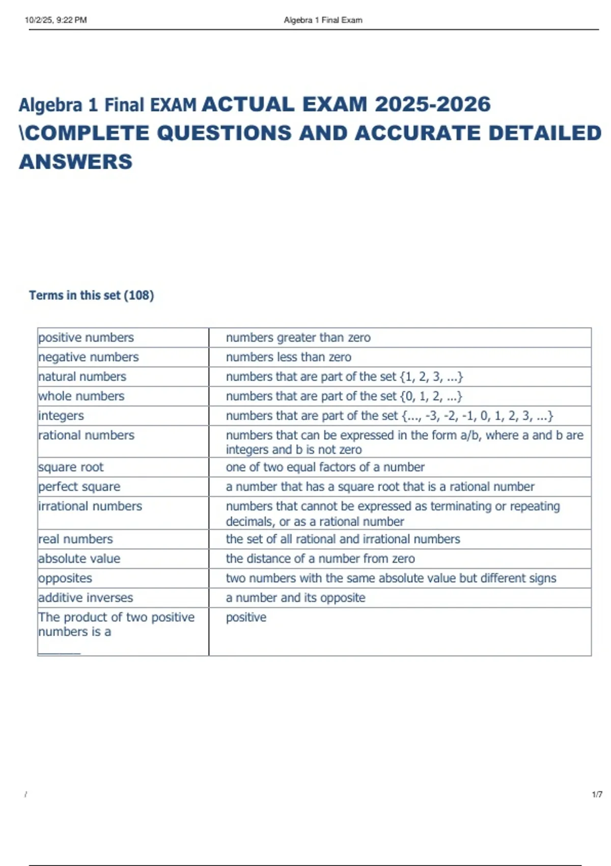 Algebra 1 Final EXAM ACTUAL EXAM COMPLETE QUESTIONS AND ACCURATE ...