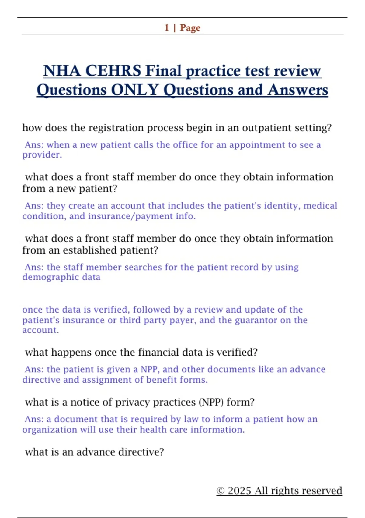 NHA CEHRS Final practice test review Questions ONLY Questions and ...