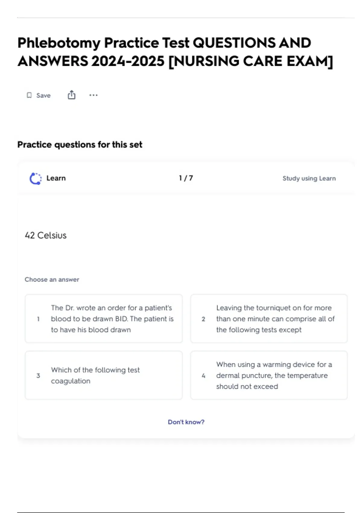 Phlebotomy Practice Test QUESTIONS AND ANSWERS [NURSING CARE EXA ...
