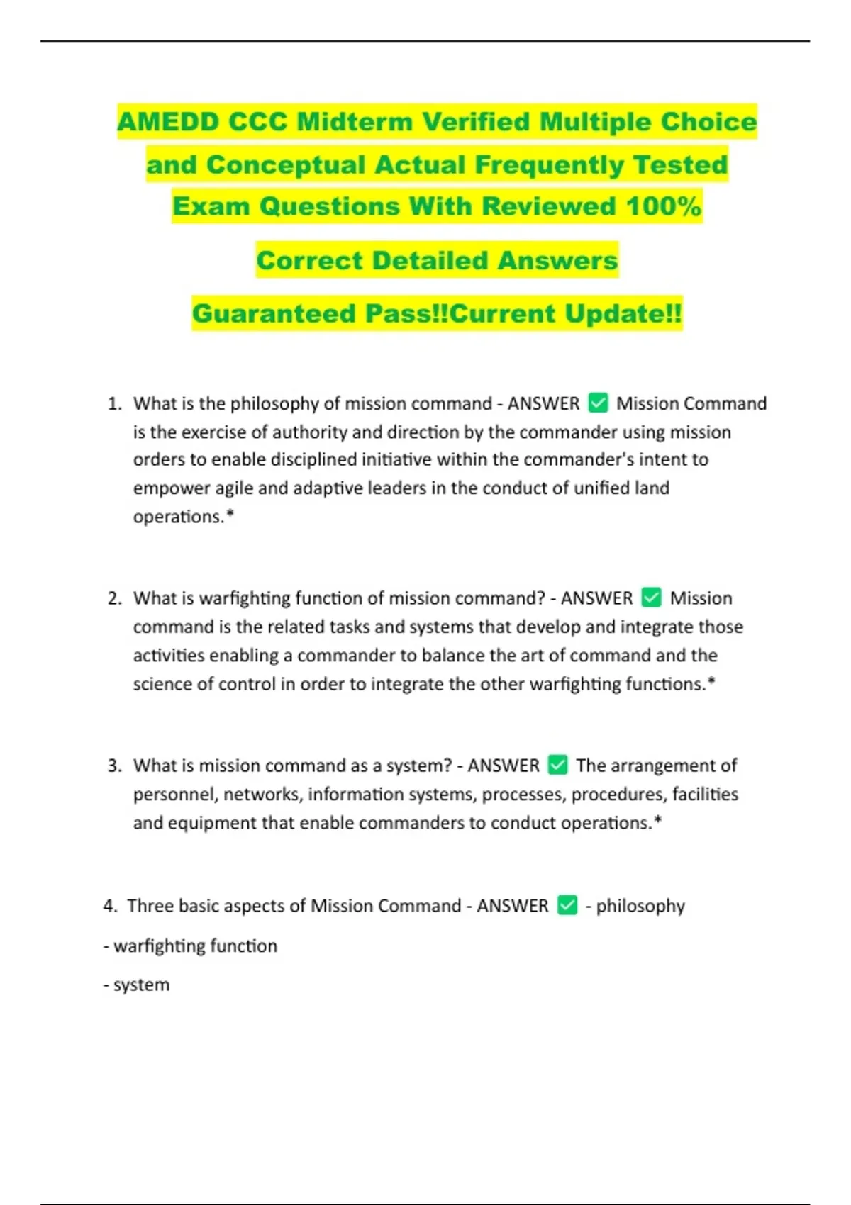 AMEDD CCC Midterm Verified Multiple Choice and Conceptual Actual ...