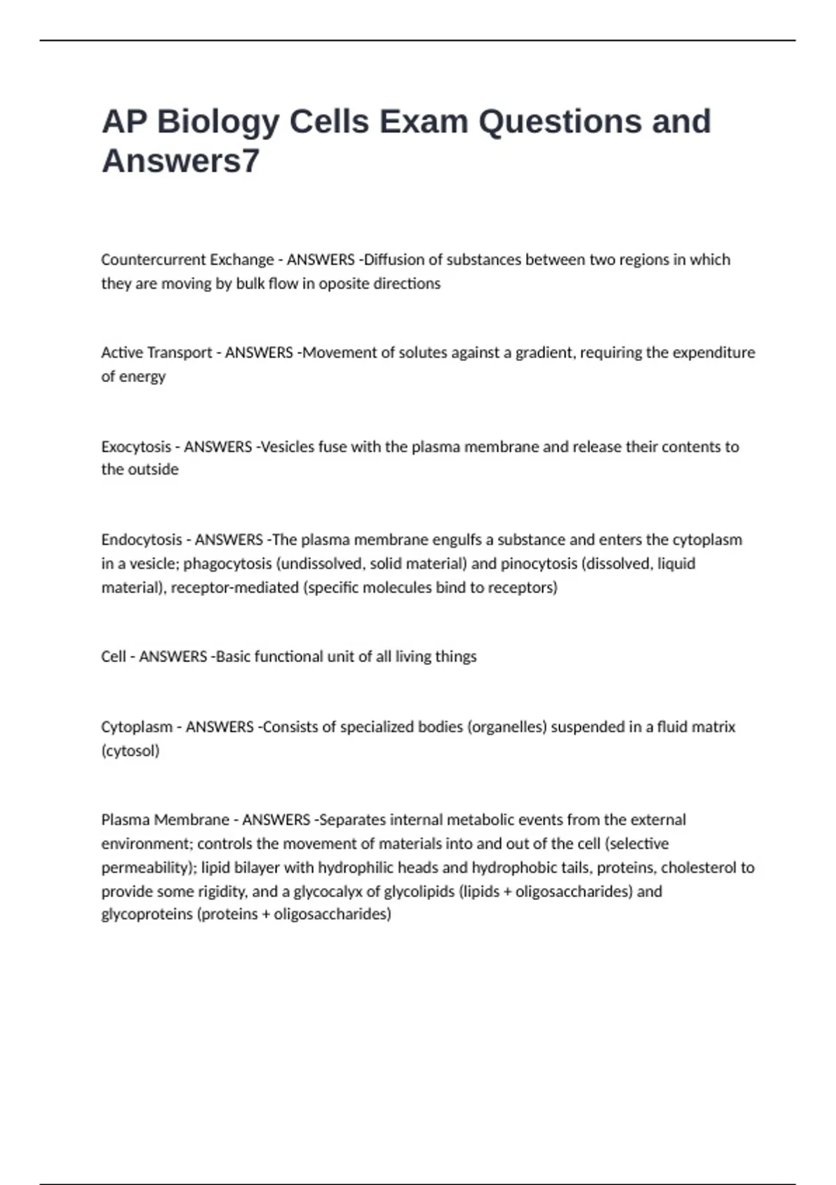 AP Biology Cells Exam Questions and Answers - AP Biology Cells - Stuvia US