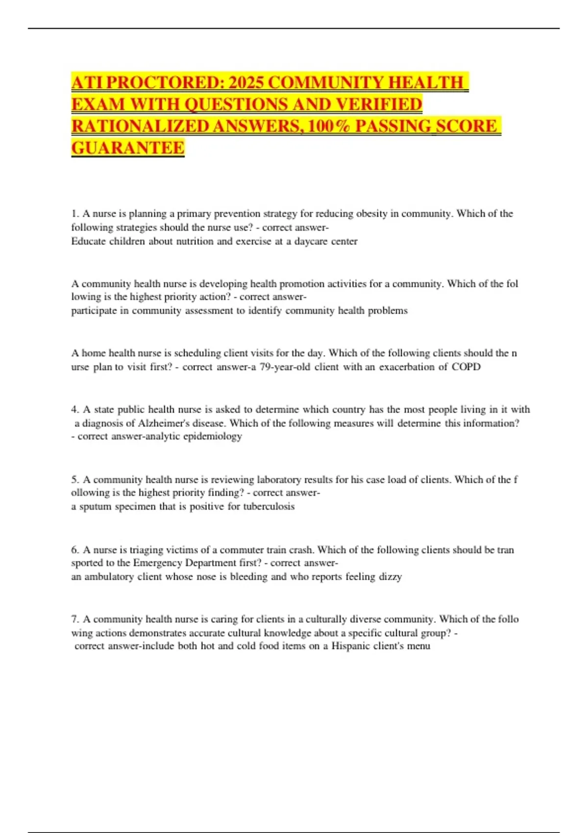 ATI PROCTORED: 2025 COMMUNITY HEALTH EXAM WITH QUESTIONS AND VERIFIED ...