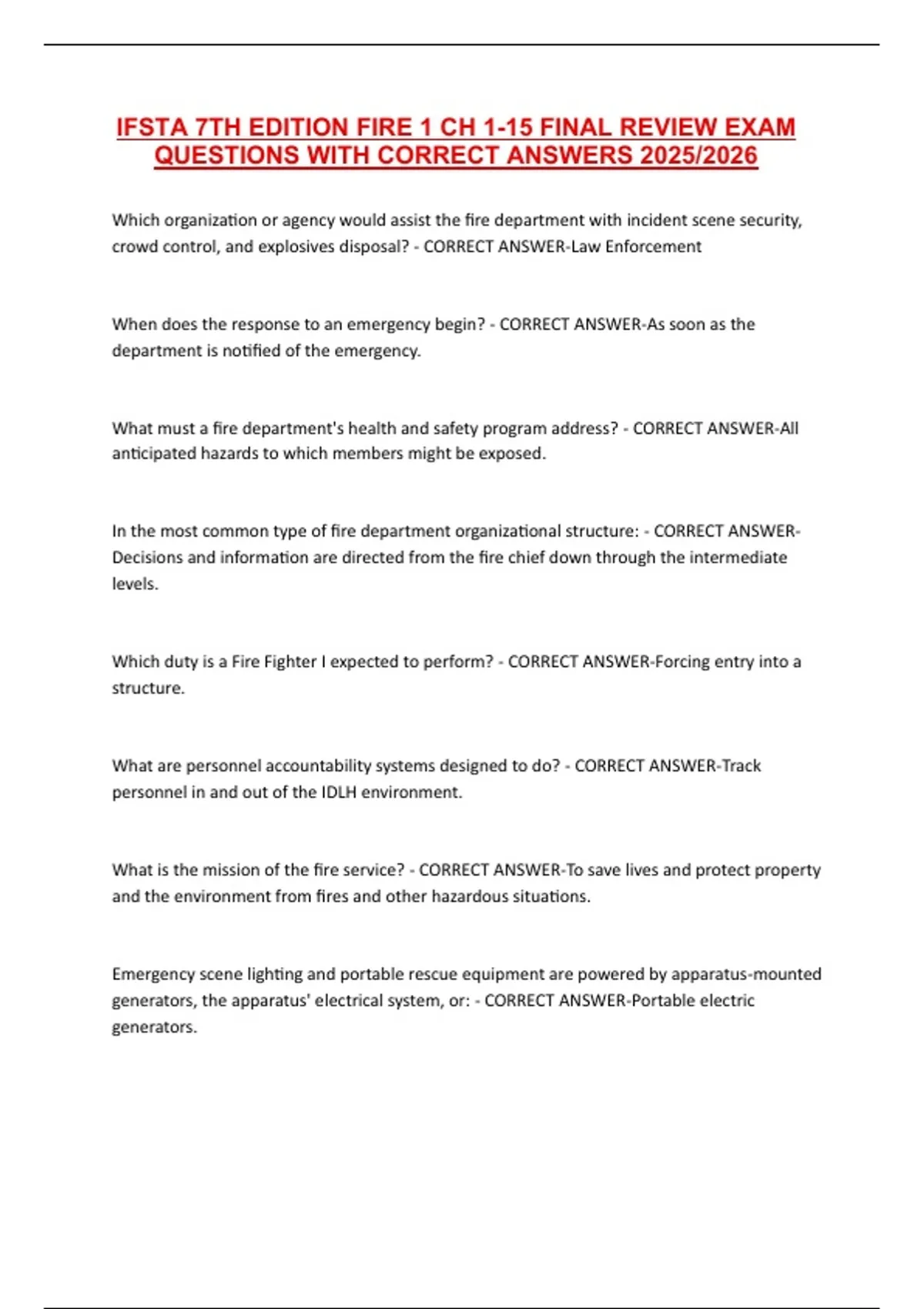 IFSTA 7TH EDITION FIRE 1 CH 1-15 FINAL REVIEW EXAM QUESTIONS WITH CORRECT ANSWERS 2025/2026 ...