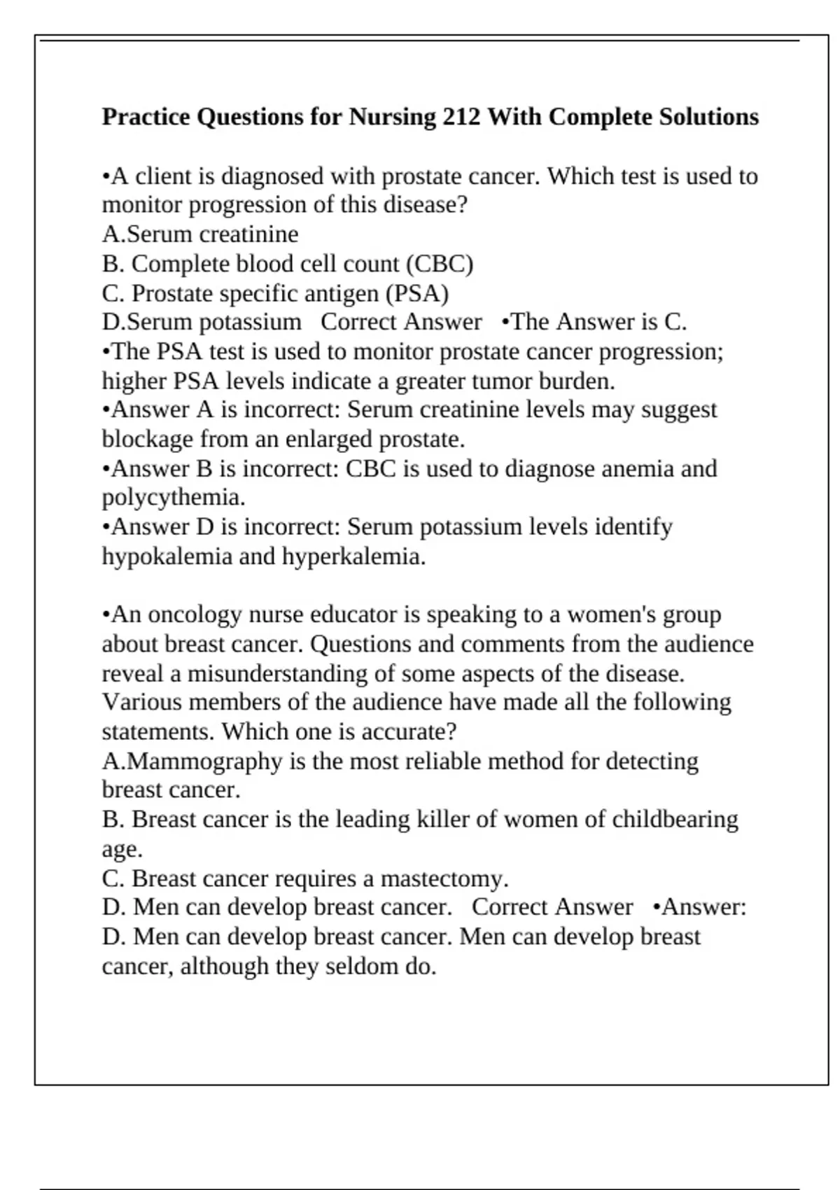 Practice Questions for Nursing 212 With Complete Solutions - Nursing ...
