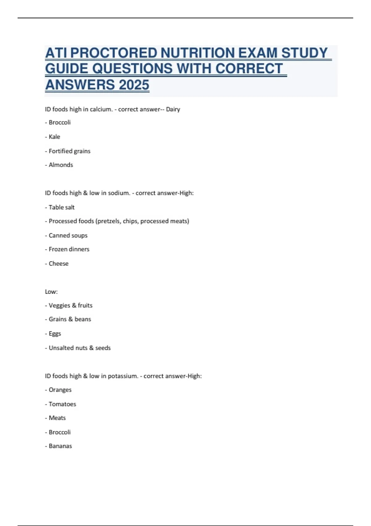 ATI PROCTORED NUTRITION EXAM STUDY GUIDE QUESTIONS WITH CORRECT ANSWERS ...