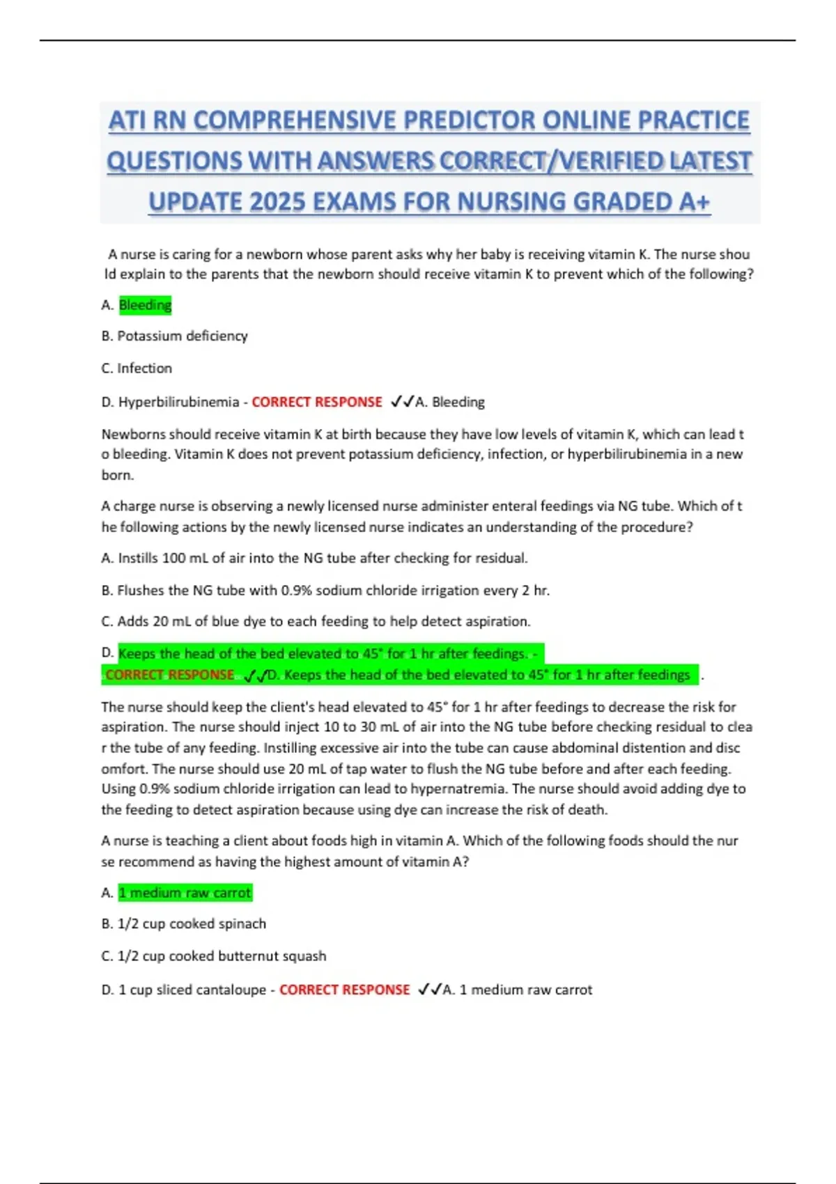 ATI RN COMPREHENSIVE PREDICTOR ONLINE PRACTICE QUESTIONS WITH ANSWERS ...