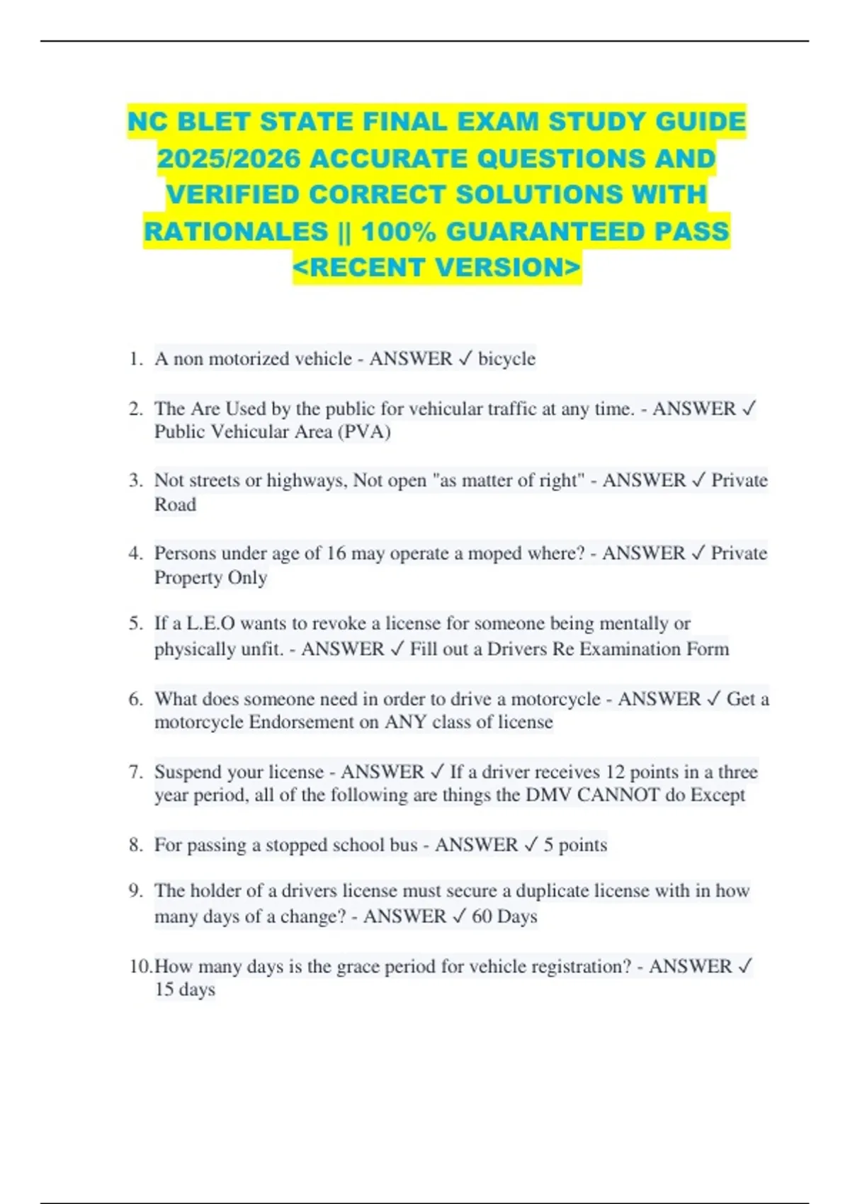 NC BLET STATE FINAL EXAM STUDY GUIDE 2025/2026 ACCURATE QUESTIONS AND ...