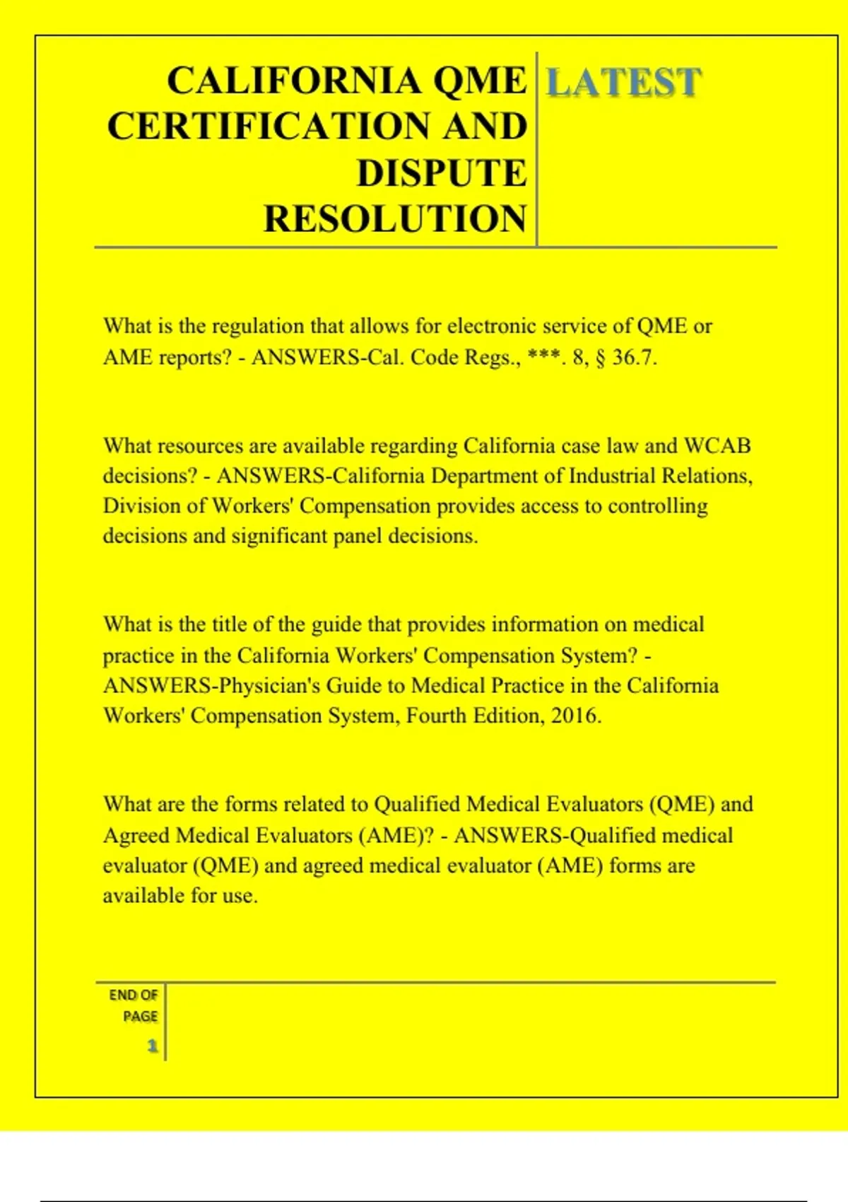 CALIFORNIA QME CERTIFICATION AND DISPUTE RESOLUTION QUESTIONS AND ...