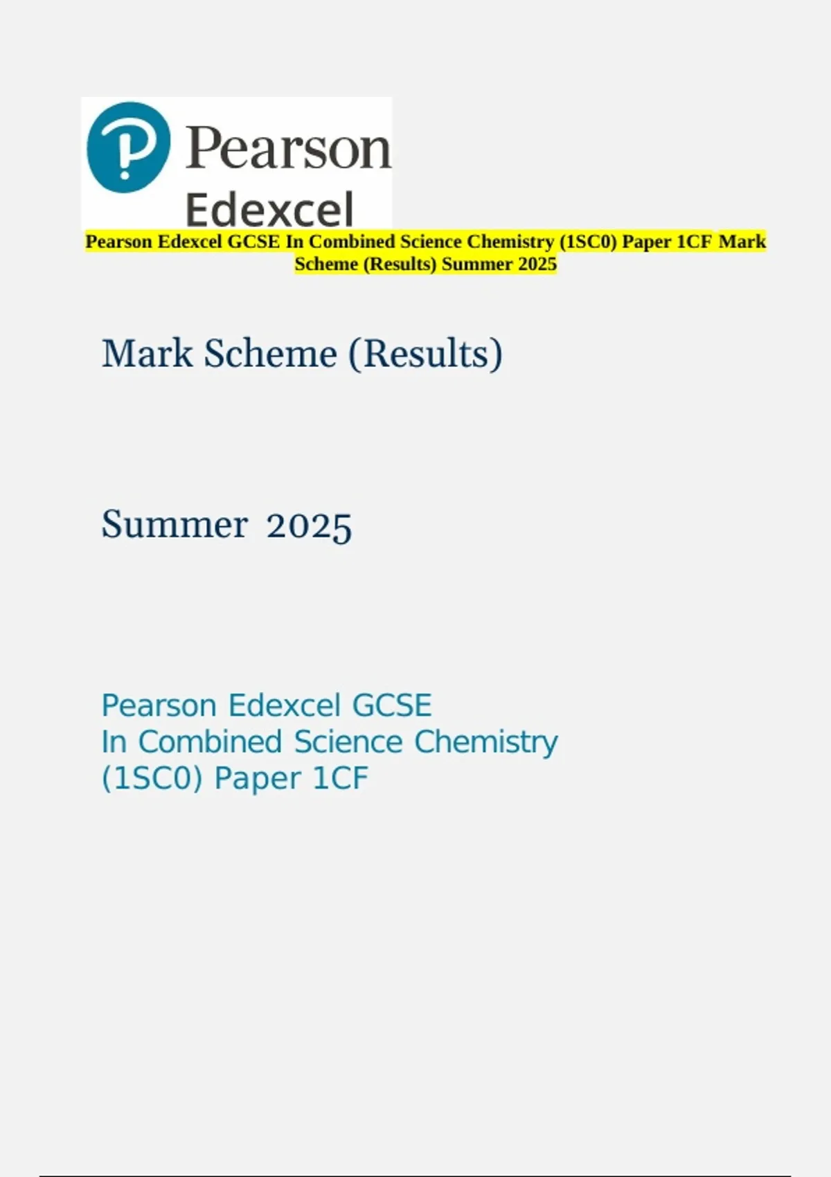 Pearson Edexcel GCSE In Combined Science Chemistry (1SC0) Paper 1CF ...