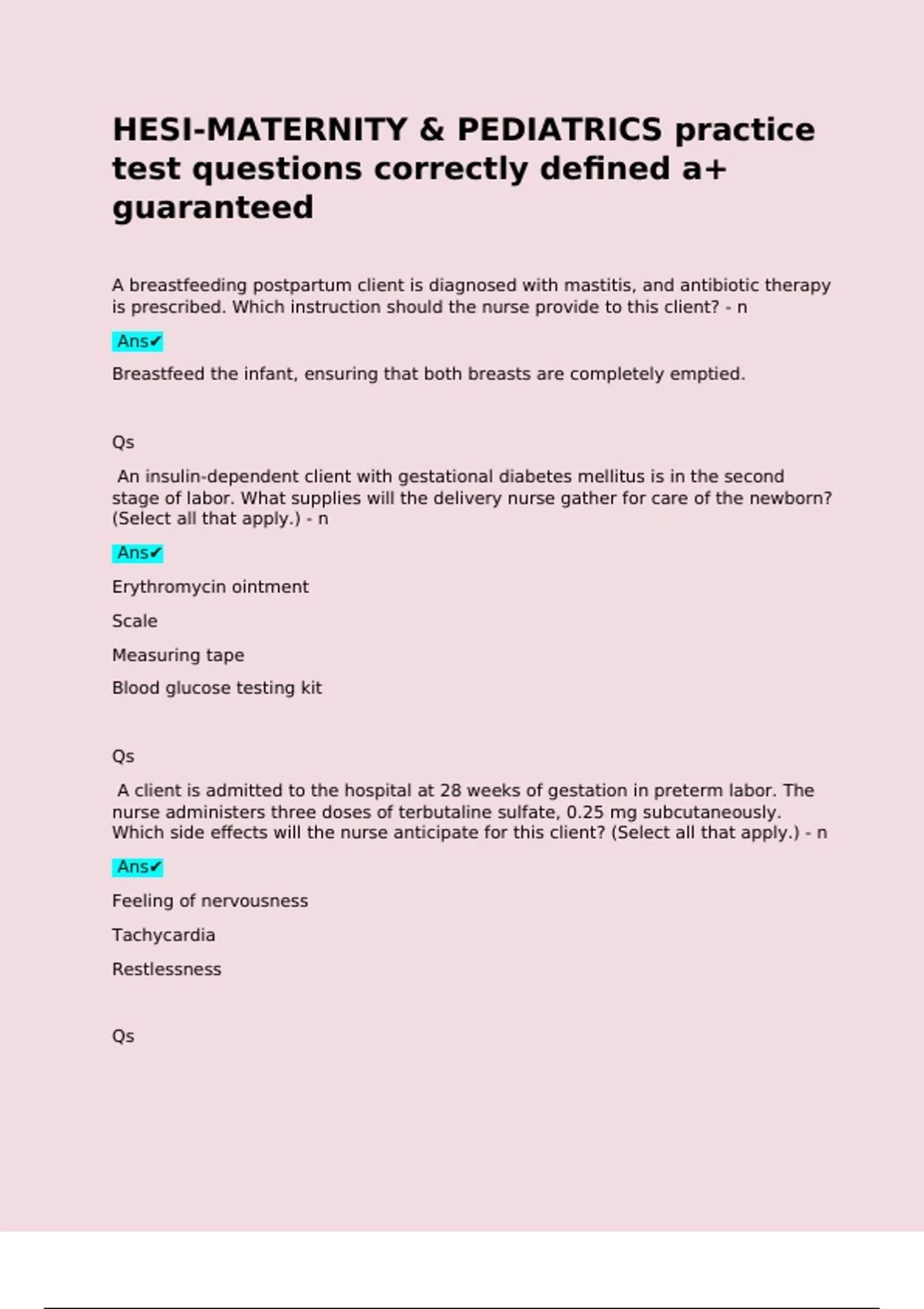 HESI-MATERNITY & PEDIATRICS practice test questions correctly defined ...