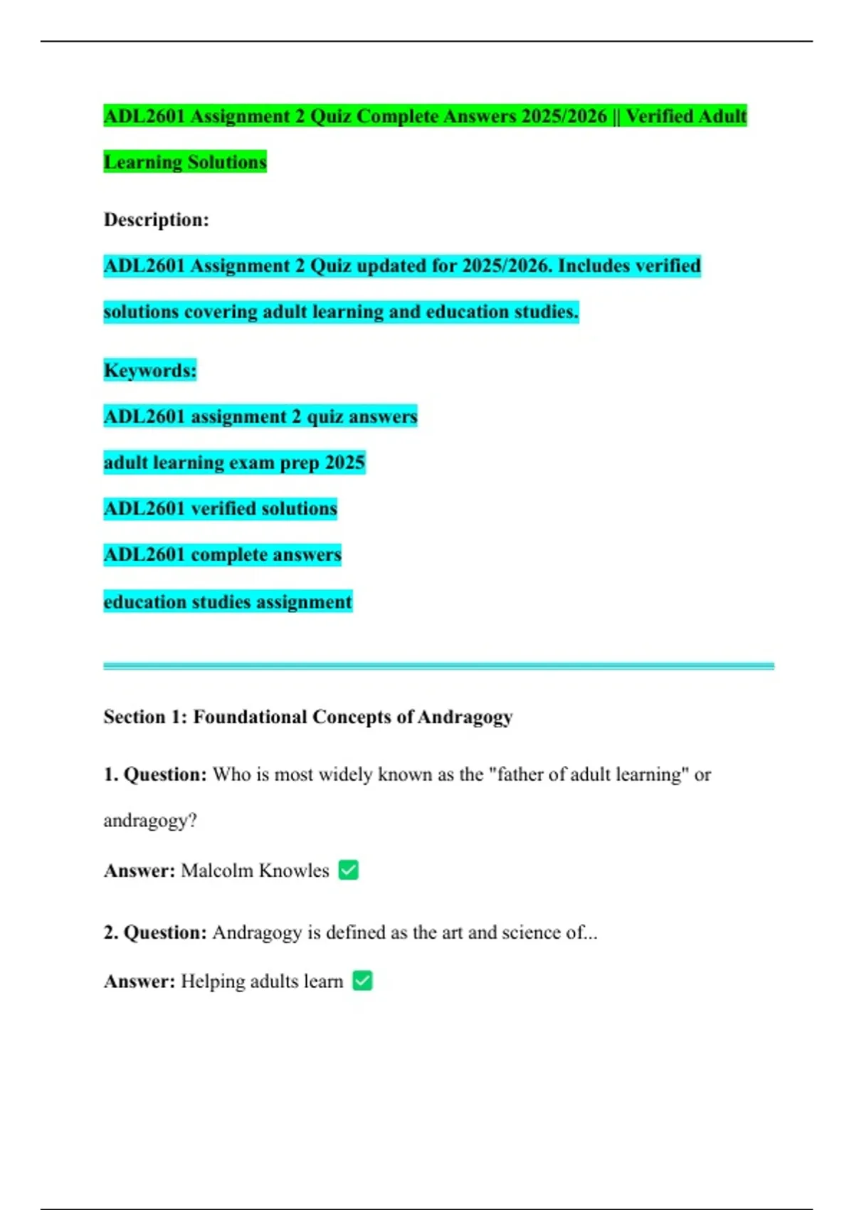 ADL2601 Assignment 2 Quiz Complete Answers 2025/2026 || Verified Adult ...