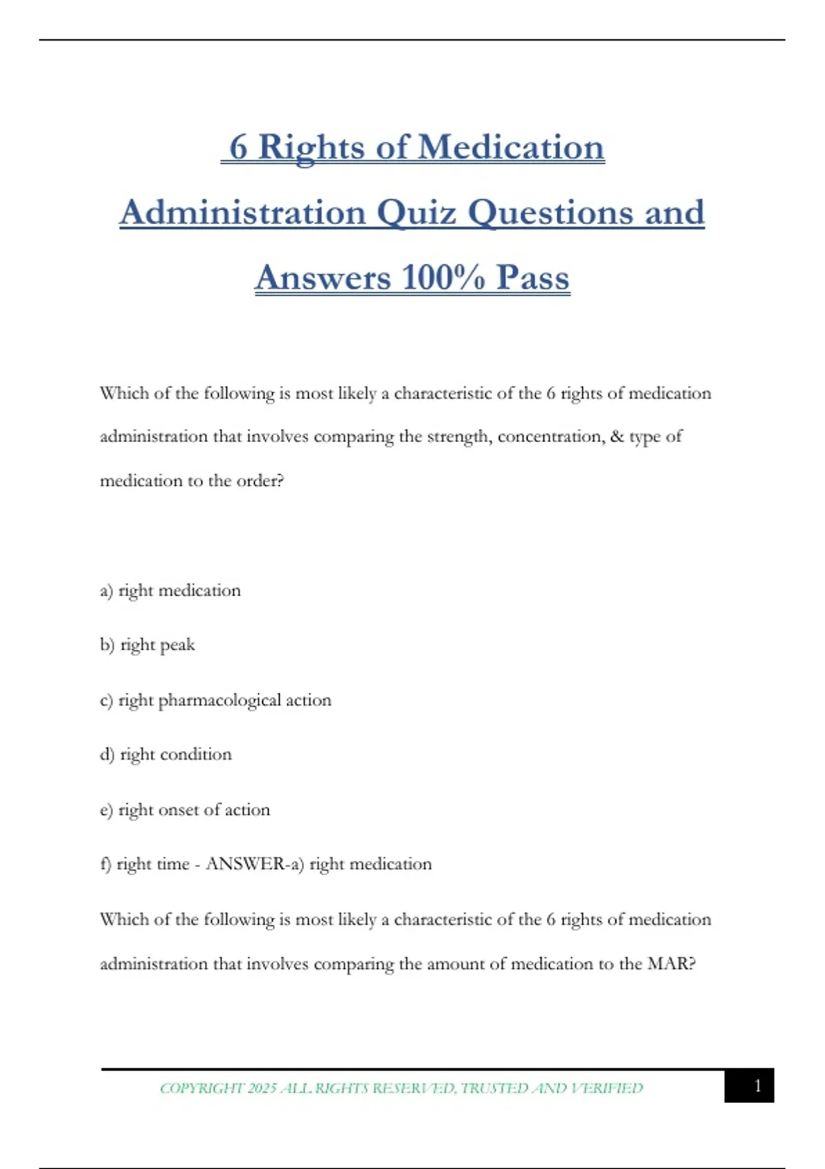 6 Rights of Medication Administration Quiz Questions and Answers 100% ...