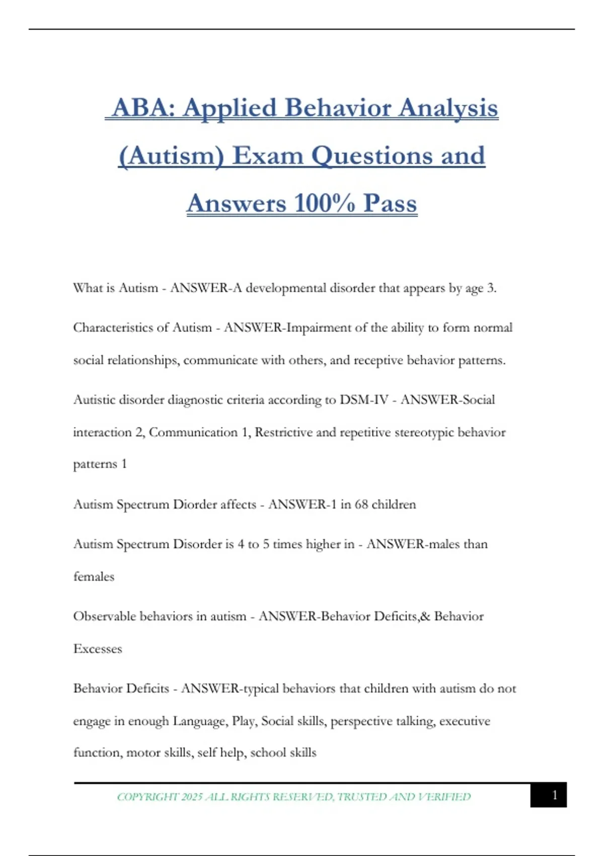 ABA: Applied Behavior Analysis (Autism) Exam Questions and Answers 100% ...