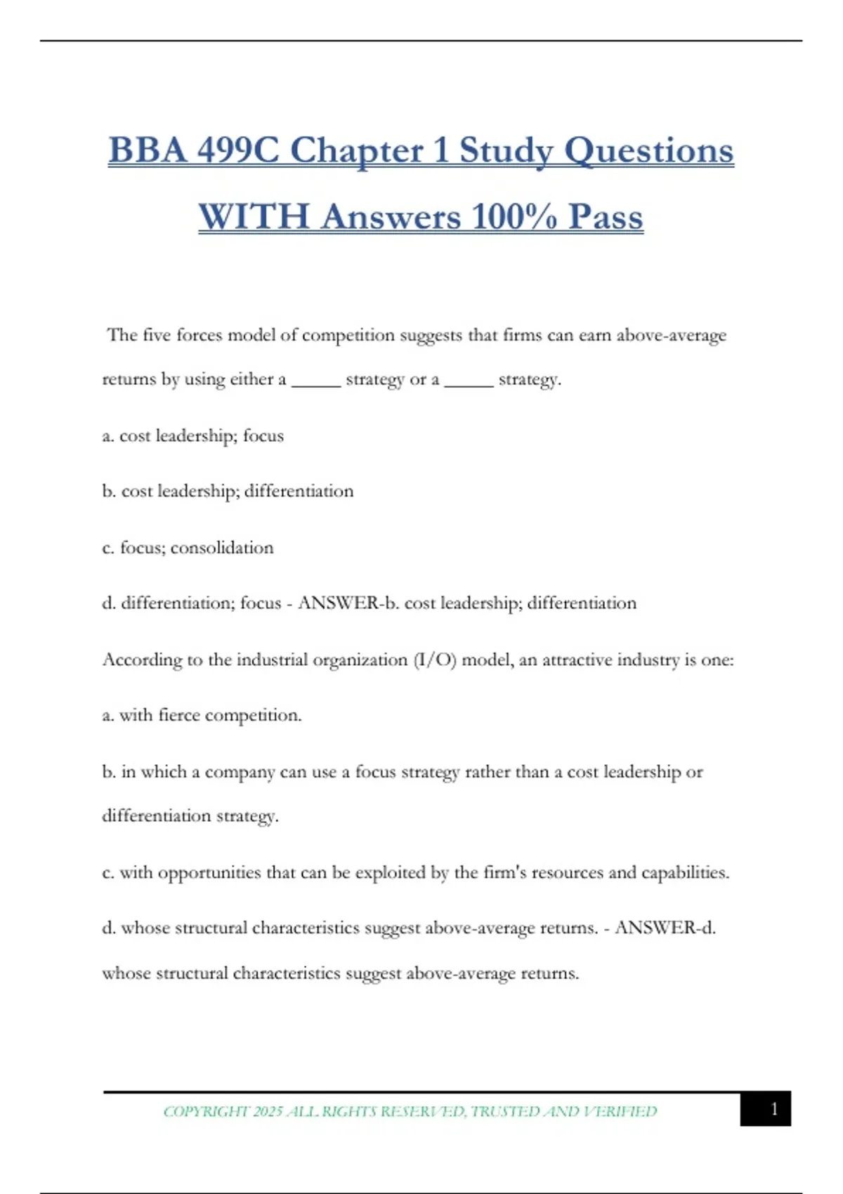 BBA 499C Chapter 1 Study Questions WITH Answers 100% Pass - BBA - Stuvia US