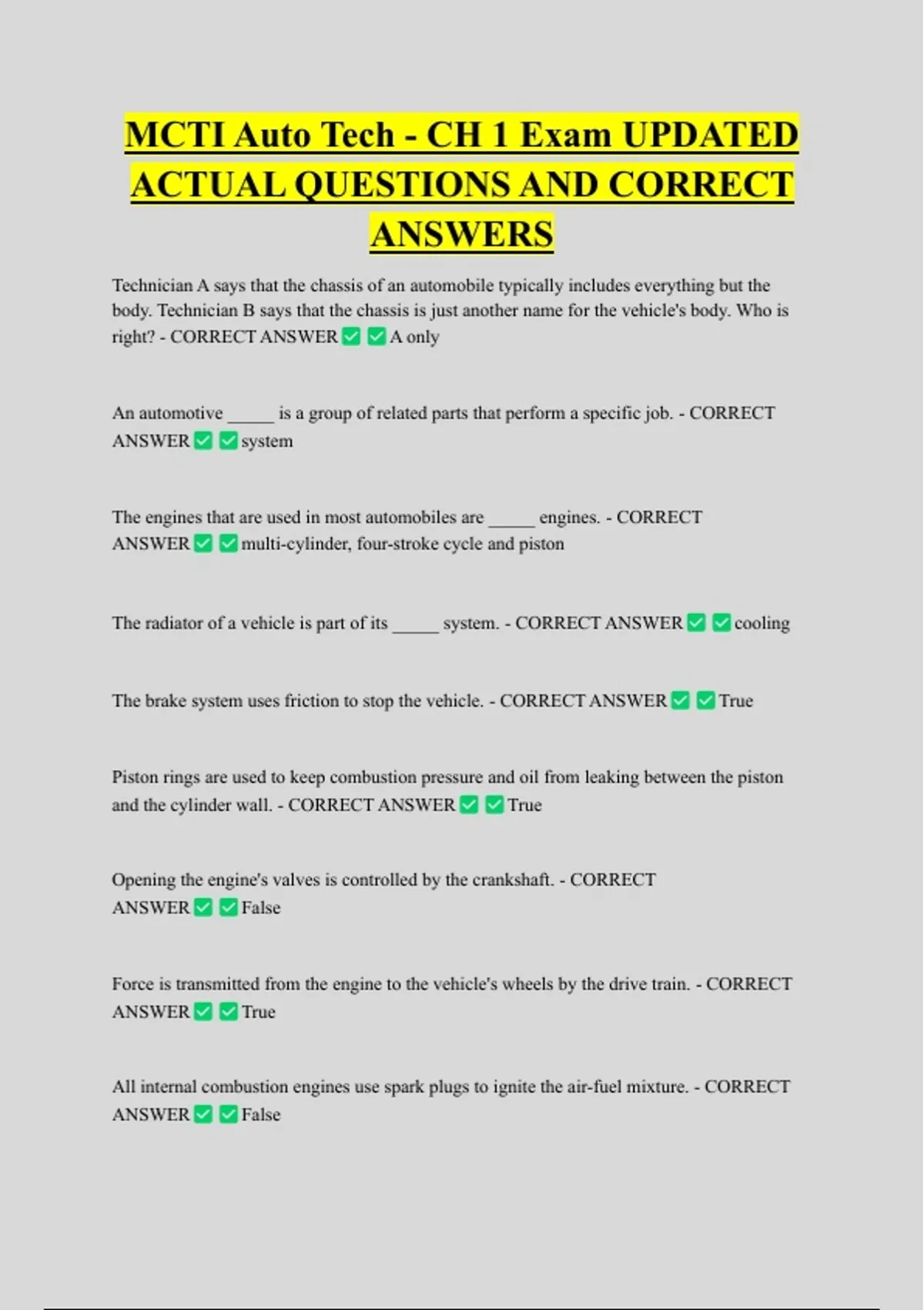 MCTI Auto Tech - CH 1 Exam UPDATED ACTUAL QUESTIONS AND CORRECT ANSWERS ...