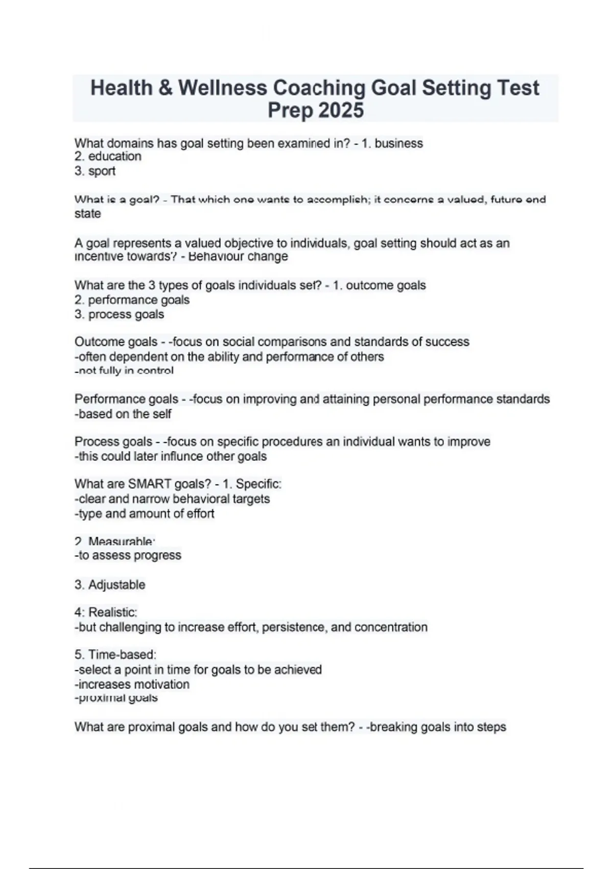 Health & Wellness Coaching Goal Setting Test Prep 2025 - Public health ...