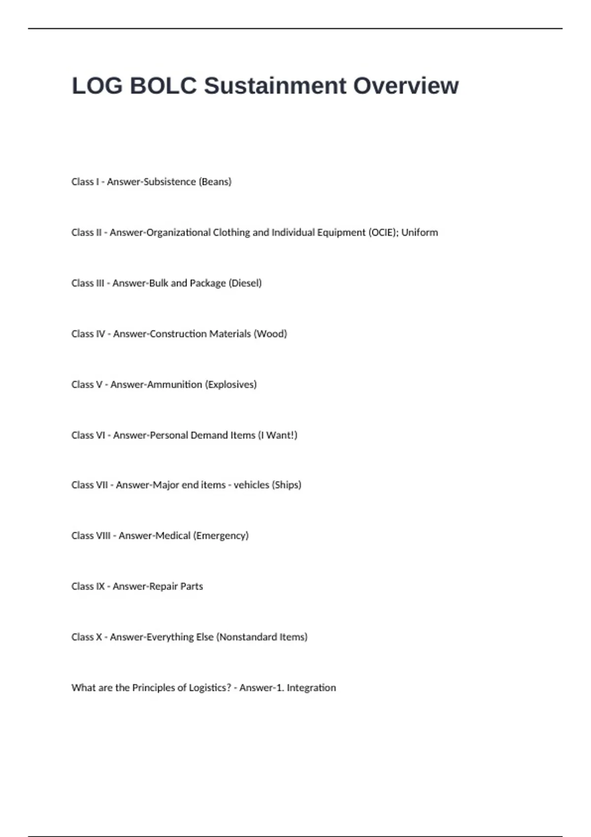 LOG BOLC Test Questions and Answers- Sustainment Overview - LOG BOLC ...