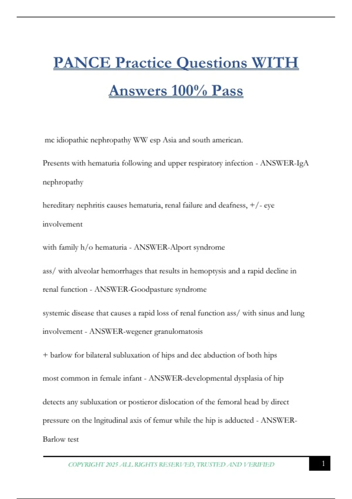 PANCE Practice Questions WITH Answers 100% Pass - PANCE - Stuvia US