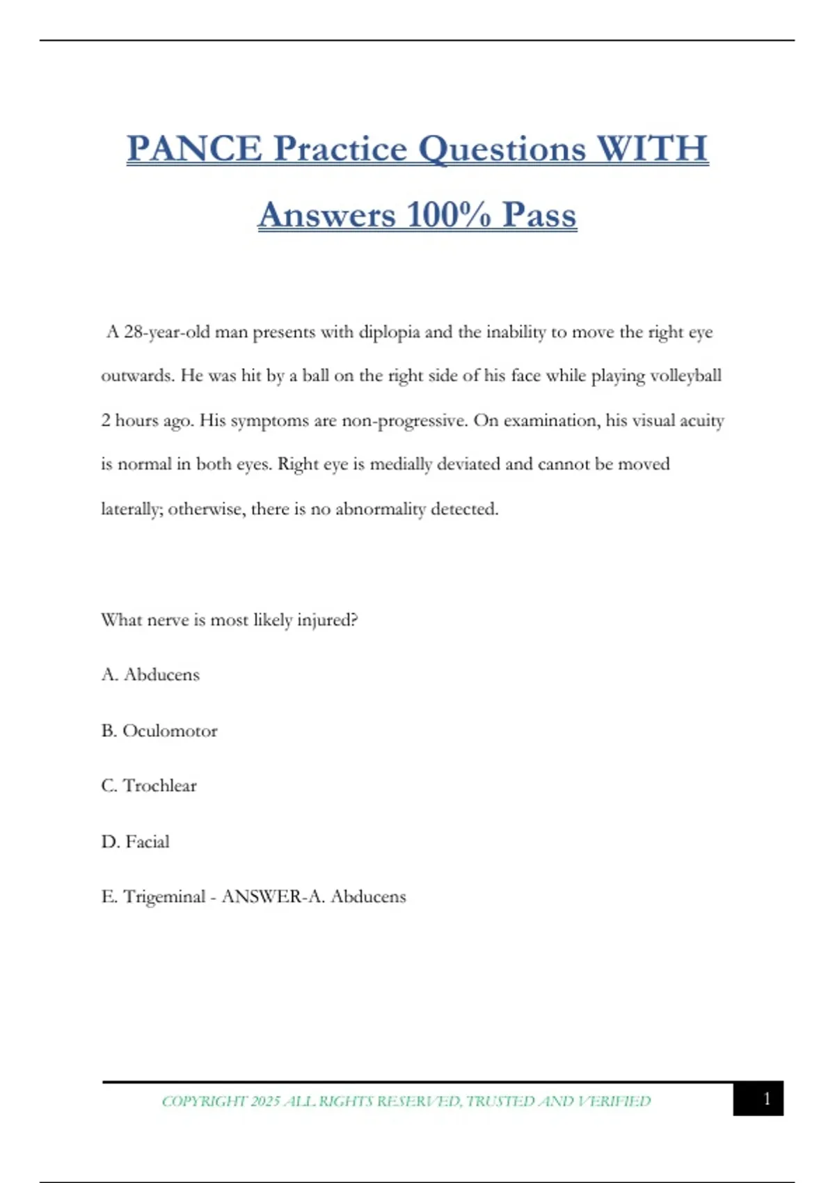 PANCE Practice Questions WITH Answers 100% Pass - PANCE - Stuvia US
