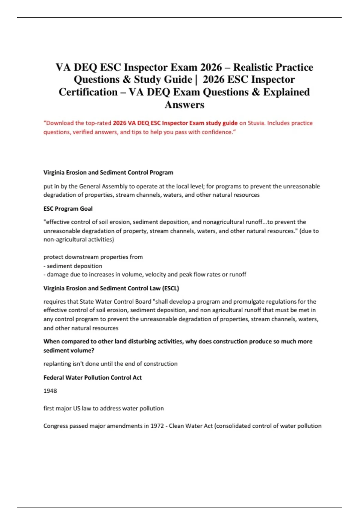 VA DEQ ESC Inspector Exam 2026 – Realistic Practice Questions & Study ...