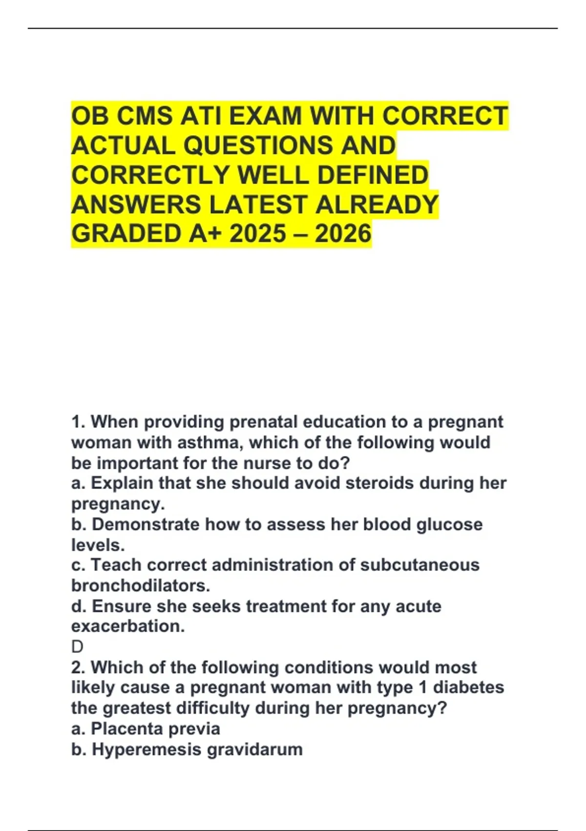 OB CMS ATI EXAM WITH CORRECT ACTUAL QUESTIONS AND CORRECTLY WELL ...