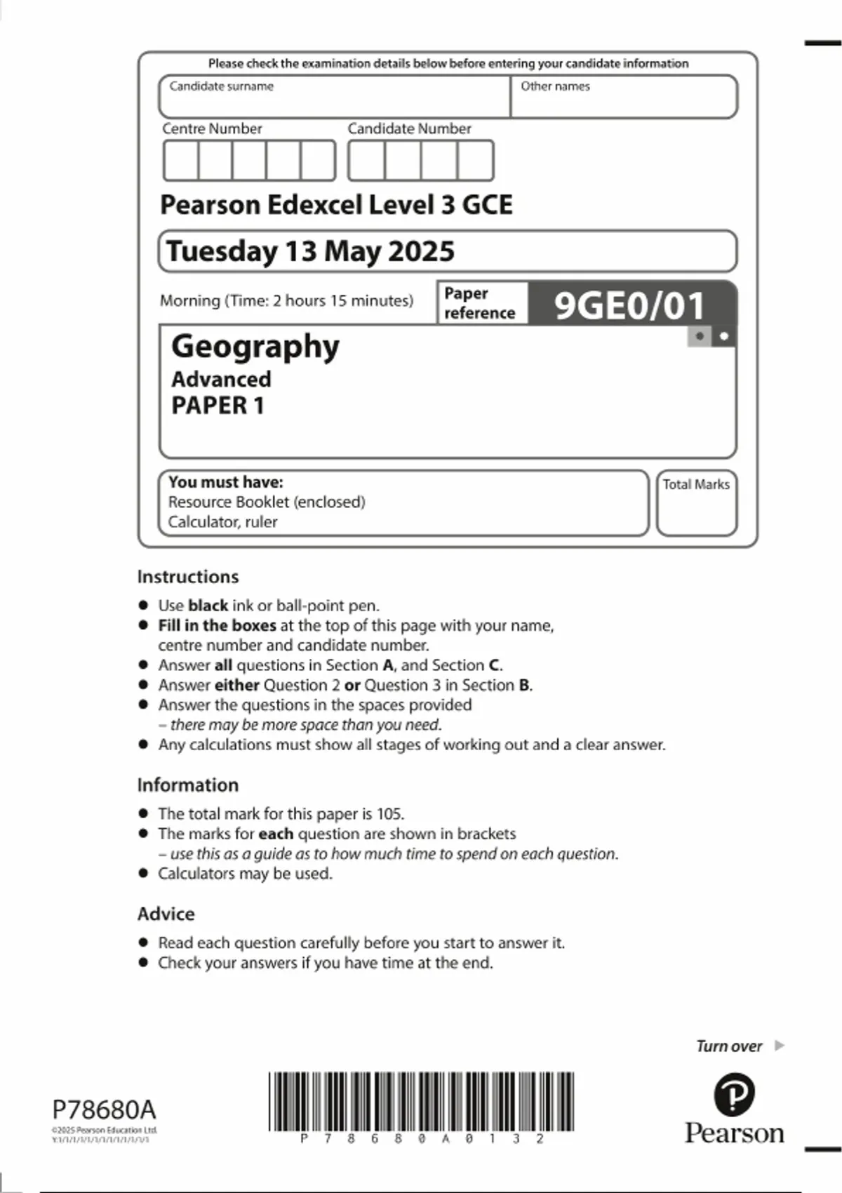 2025 Pearson Edexcel A level Advanced Geography Paper 1 (9GEO/01 ...