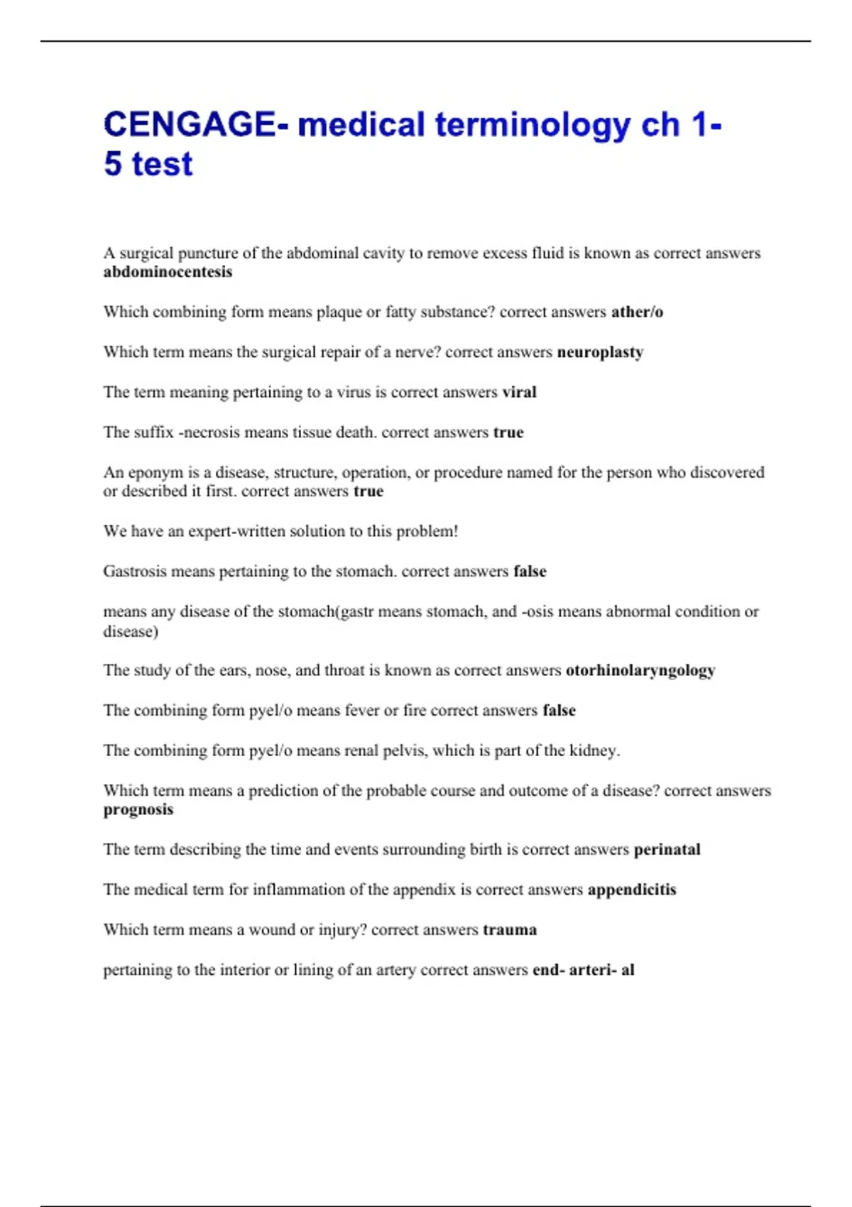 CENGAGE- medical terminology ch 1- 5 test Questions And Answers Latest ...