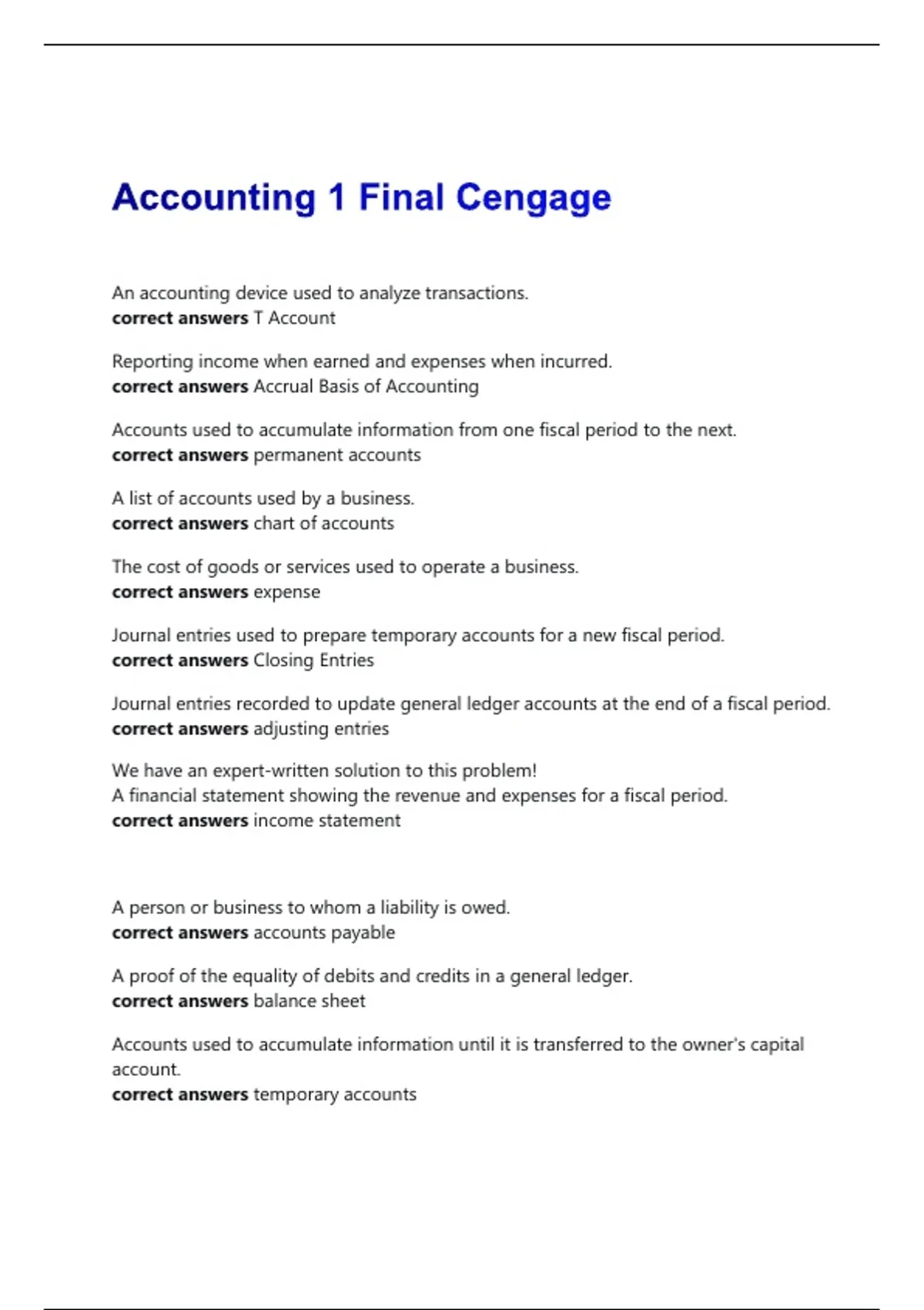 Accounting 1 Final Cengage Verified Answers And Questions 2026 ...