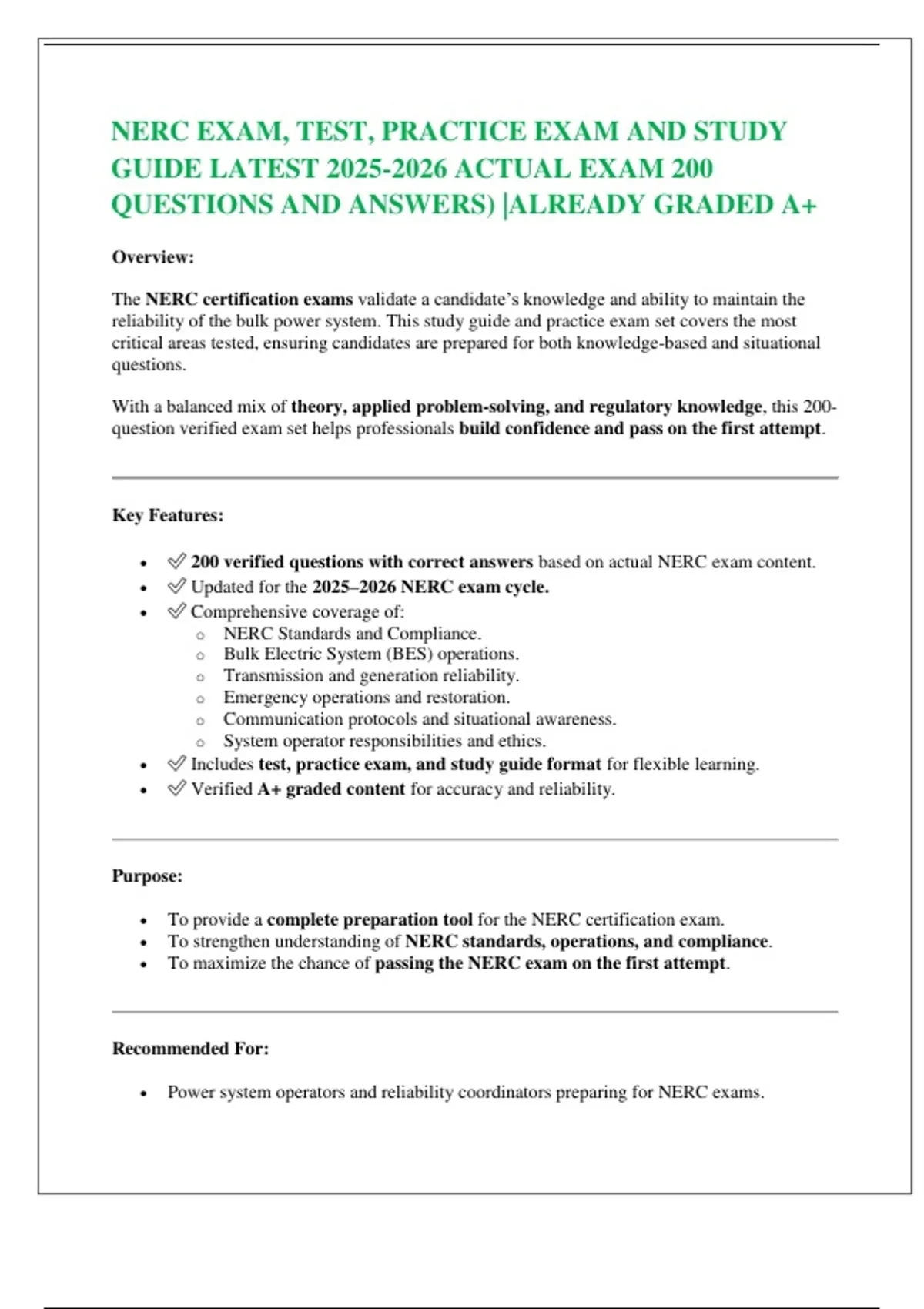 NERC EXAM, TEST, PRACTICE EXAM AND STUDY GUIDE LATEST ACTUAL EXAM 200 ...