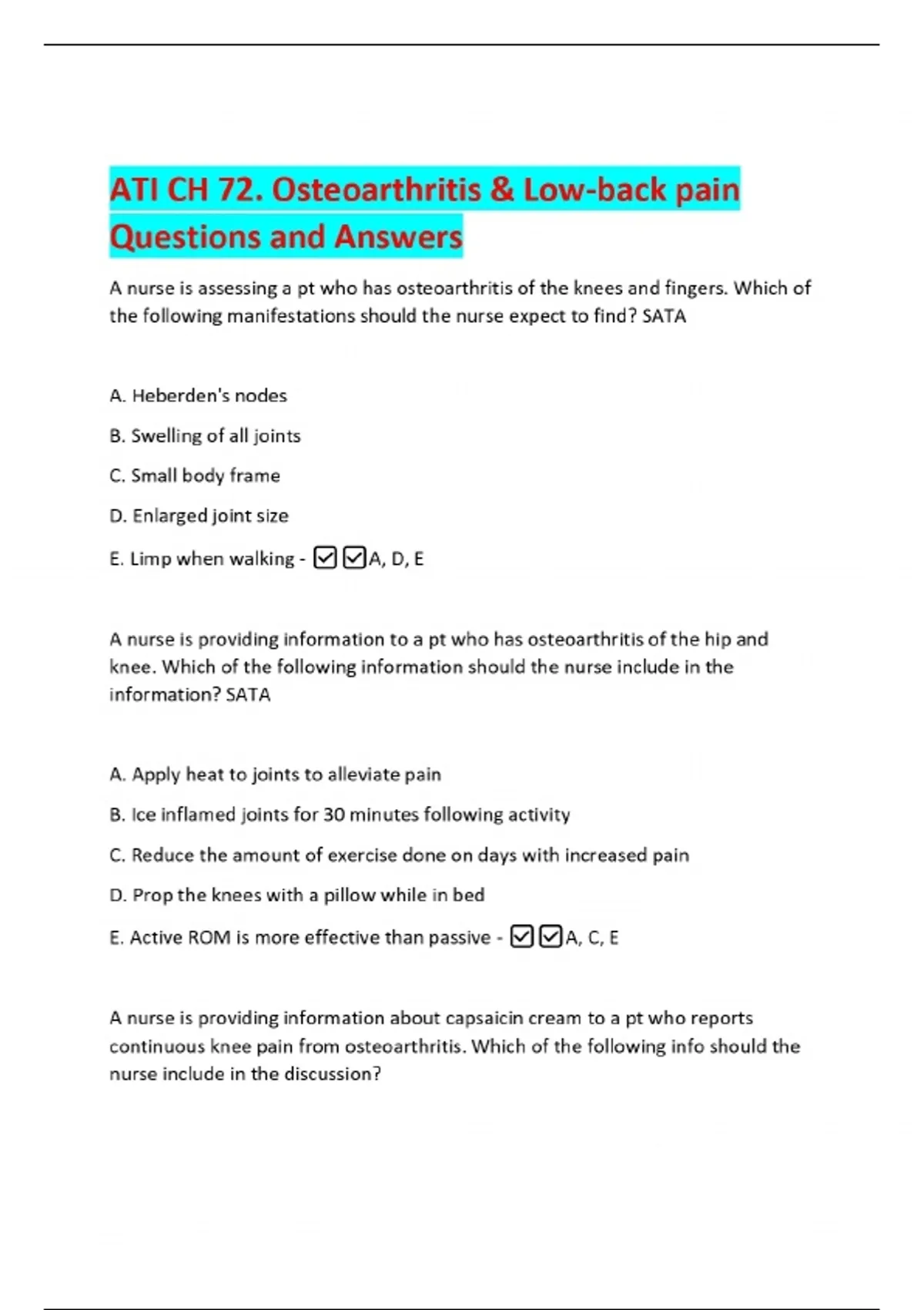 ATI CH 72. Osteoarthritis & Low-back pain Questions and Answers ...