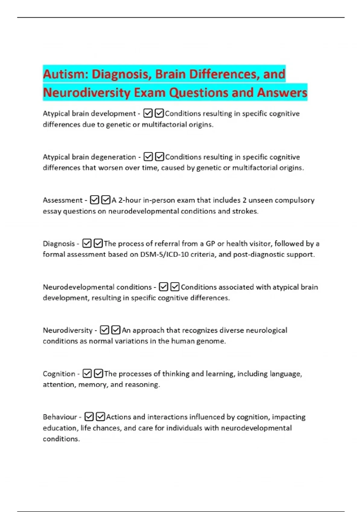 Autism: Diagnosis, Brain Differences, and Neurodiversity Exam Questions ...