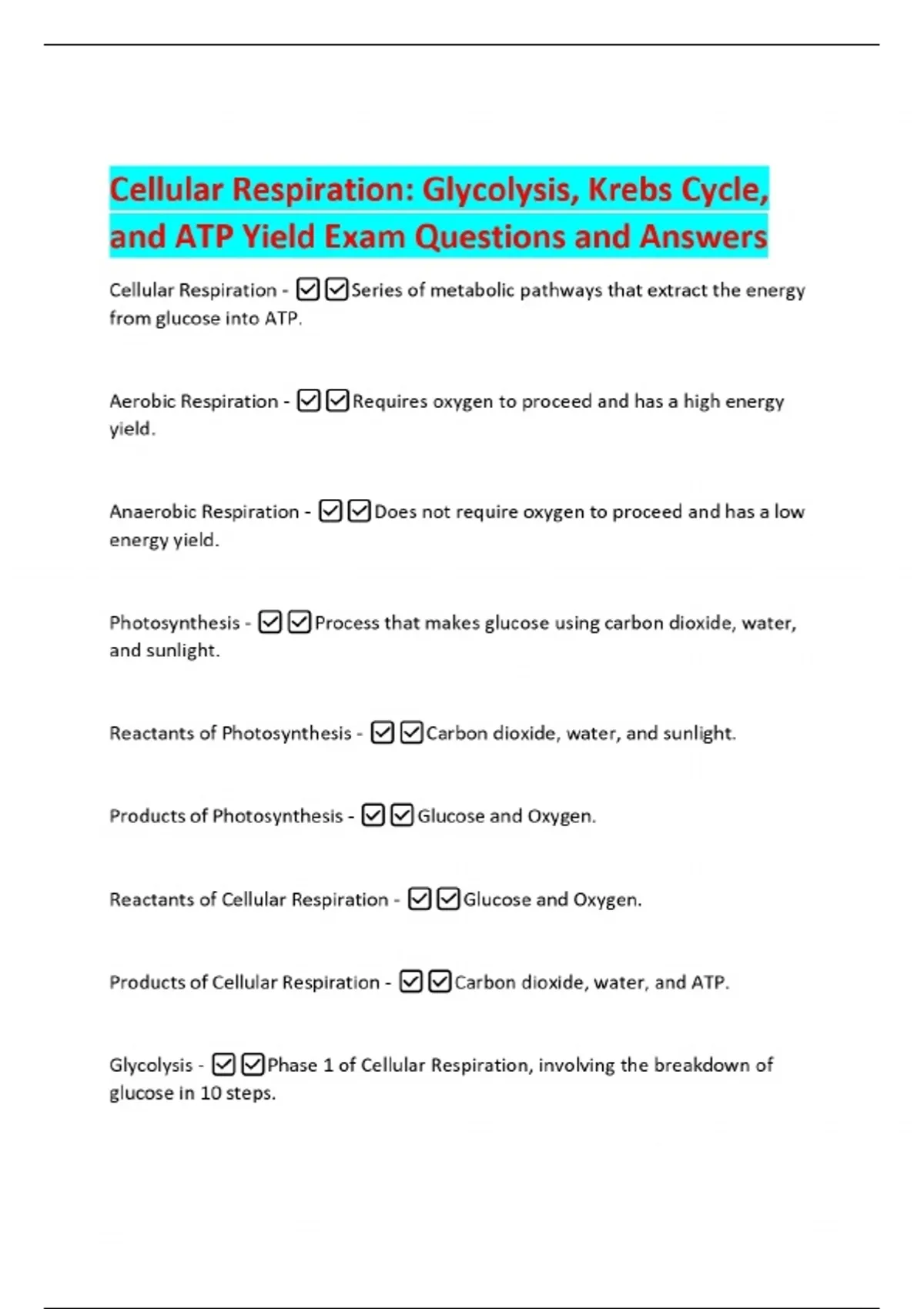 Cellular Respiration: Glycolysis, Krebs Cycle, and ATP Yield Exam ...