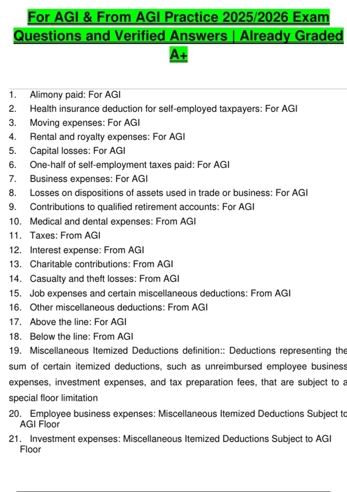 For AGI & From AGI Deductions | 2025/2026 Exam | 33 Questions | Tax Law ...