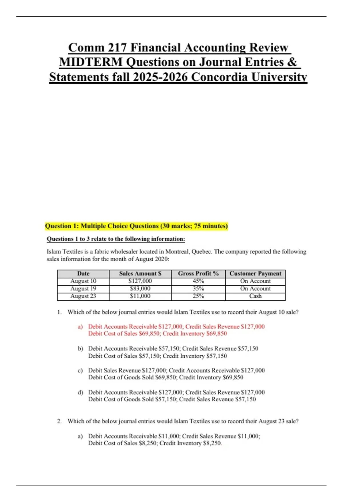 COMM 217 Financial Accounting Review MIDTERM Questions on Journal Entries & Statements fall ...